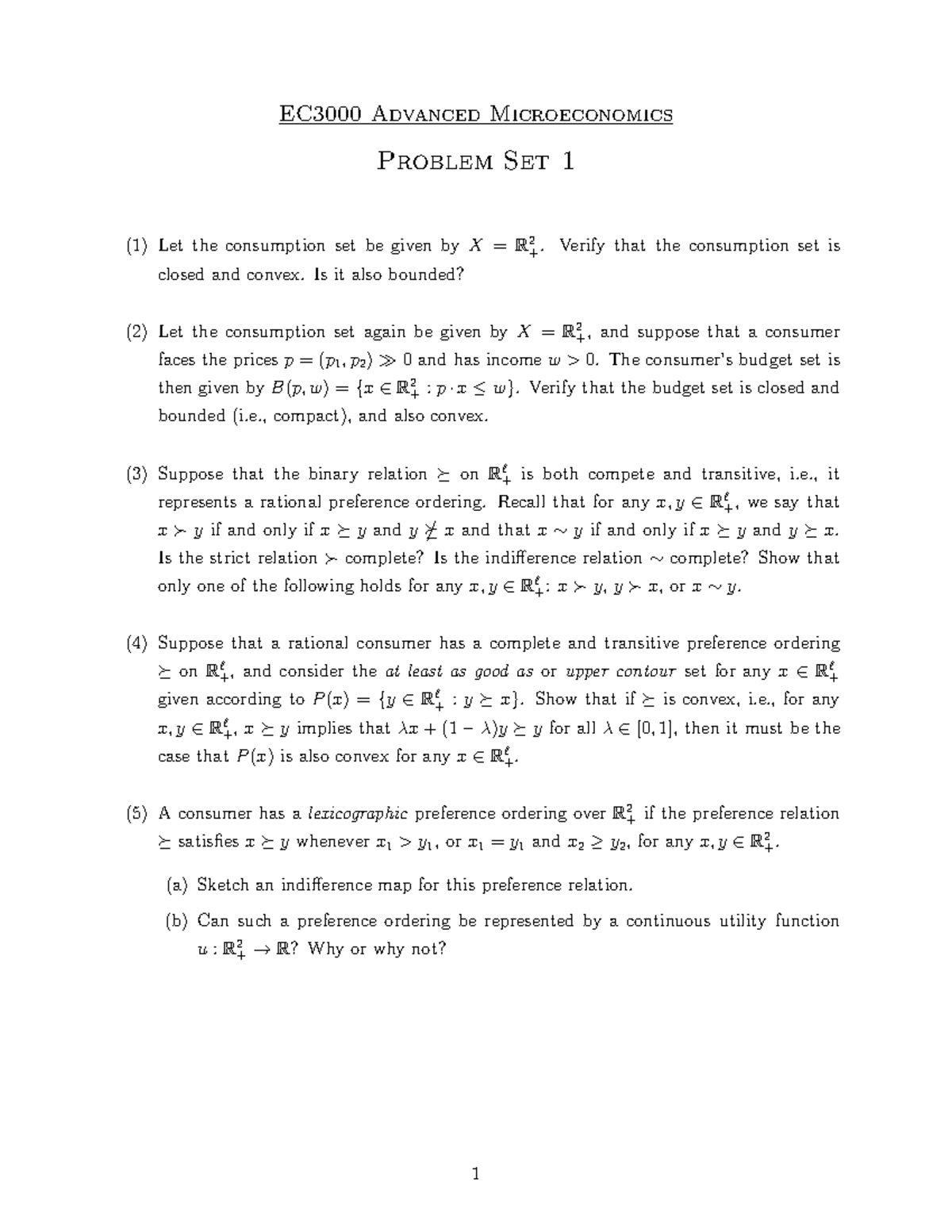 EC3000 Problem Set 01 - EC3000 Advanced Microeconomics Problem Set 1 (1 ...