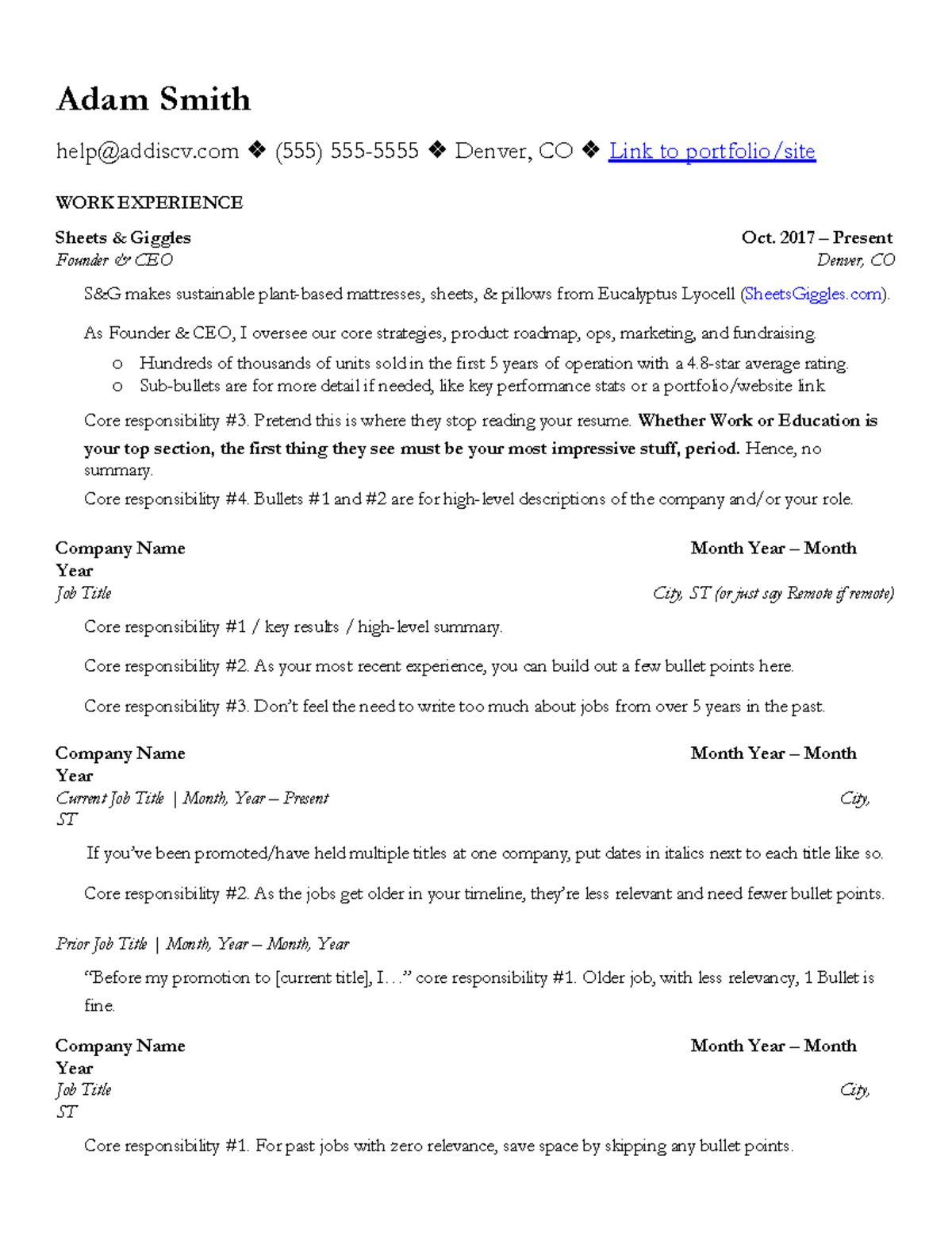 Addis CV Resume Template- 100% ATS Compatable - Adam Smith help@addiscv ...