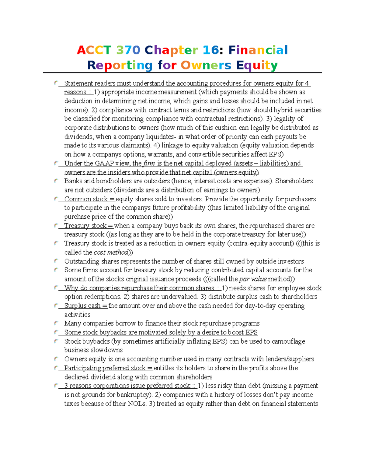 ACCT 370 Chapter 16: Financial Reporting for Owners Equity - Studocu