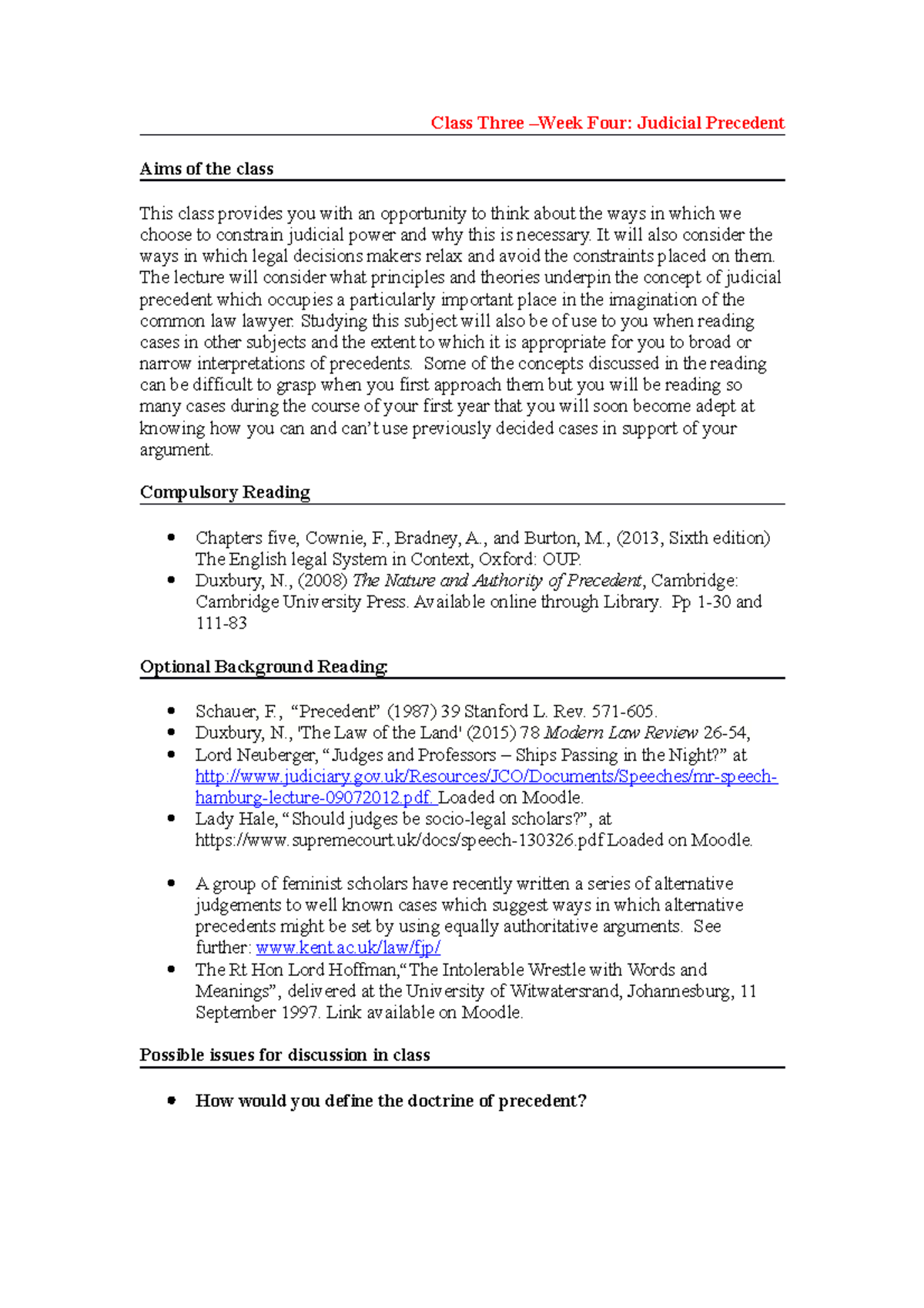 Ittls Class 3 (judicial precedent) - Class Three –Week Four: Judicial ...