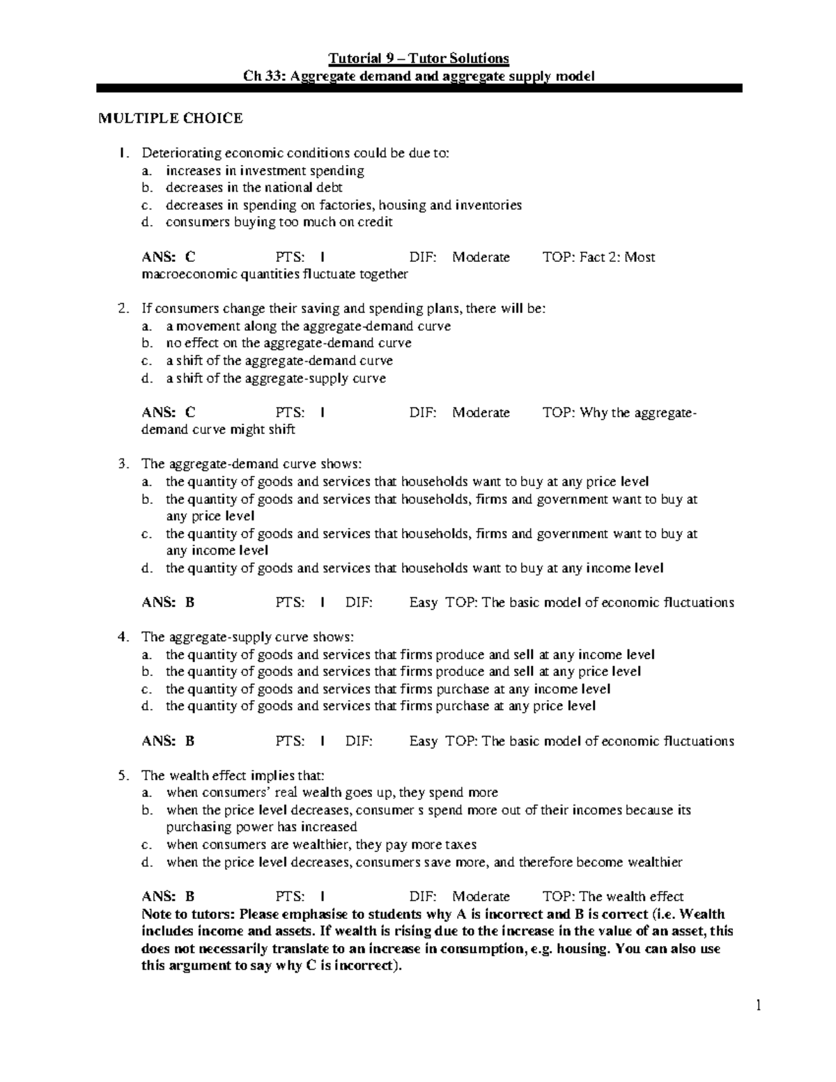 Tutorial 9 Solutions - Tutorial 9 – Tutor Solutions Ch 33: Aggregate demand and aggregate supply ...