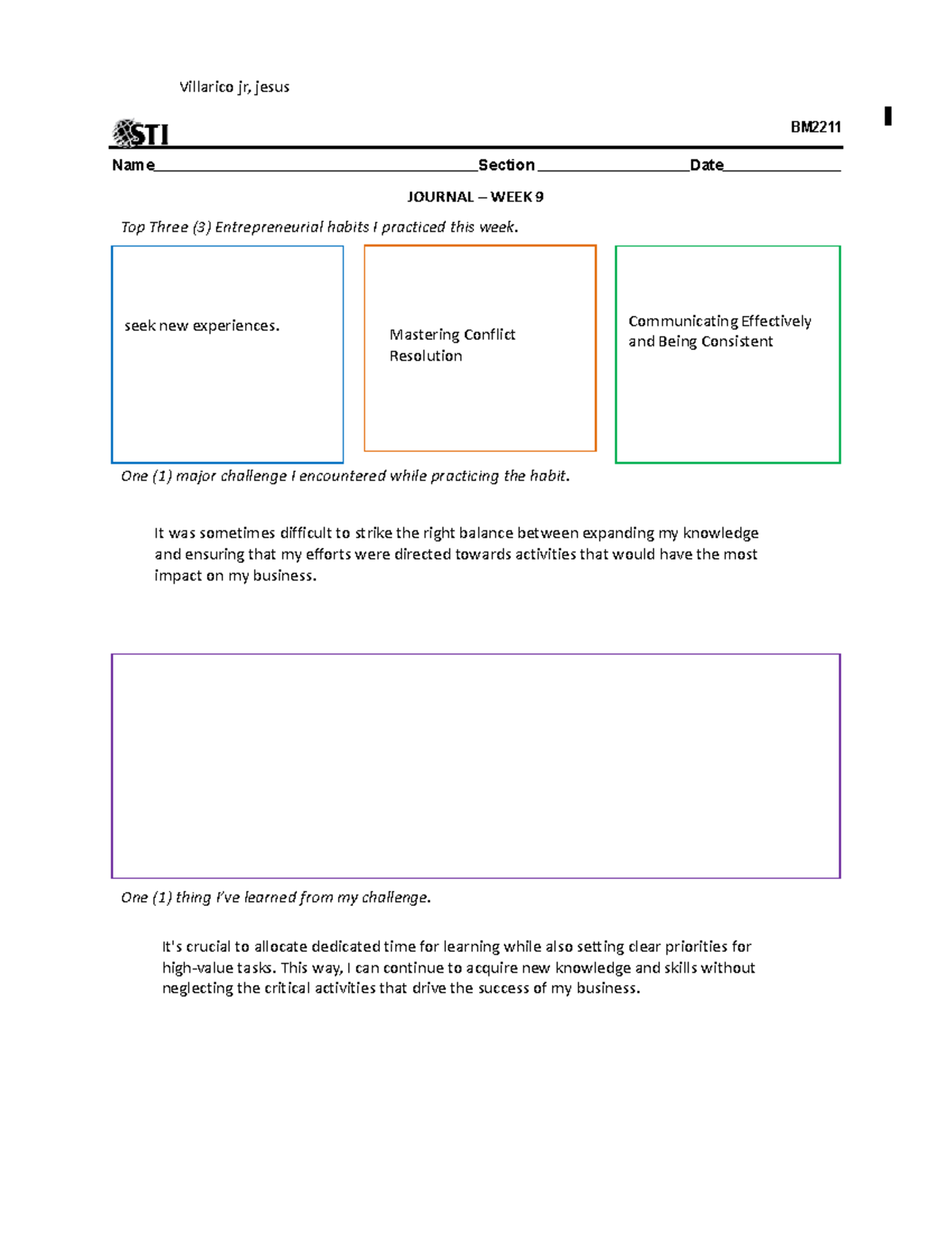 08 Journal 1 - For entrep - Name Section Date JOURNAL – WEEK 9 Top ...
