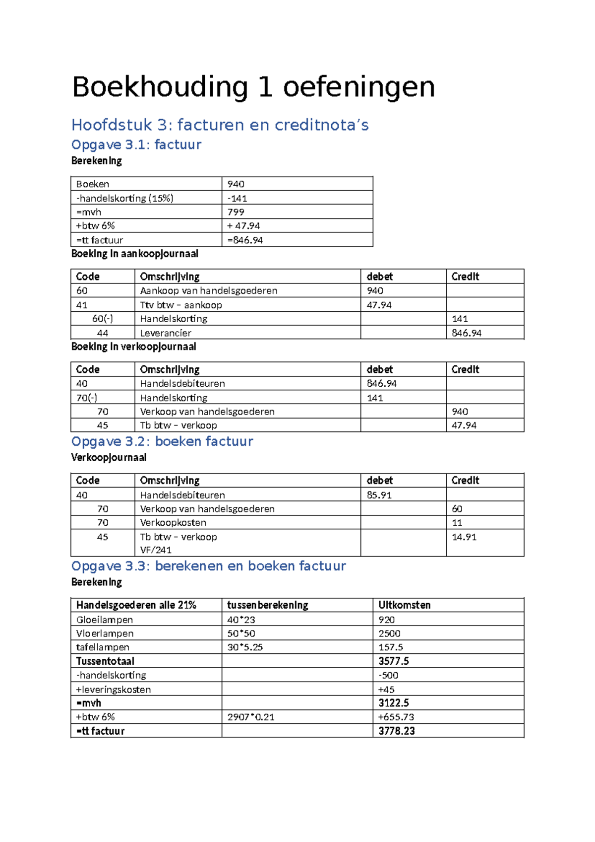 Boekhouding 1 oefeningen - Boekhouding 1 oefeningen Hoofdstuk 3 ...