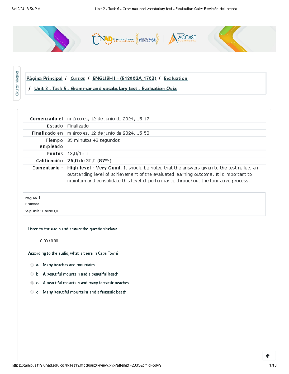 Unit 2 - Task 5 - Grammar and vocabulary test - Evaluation Quiz ...