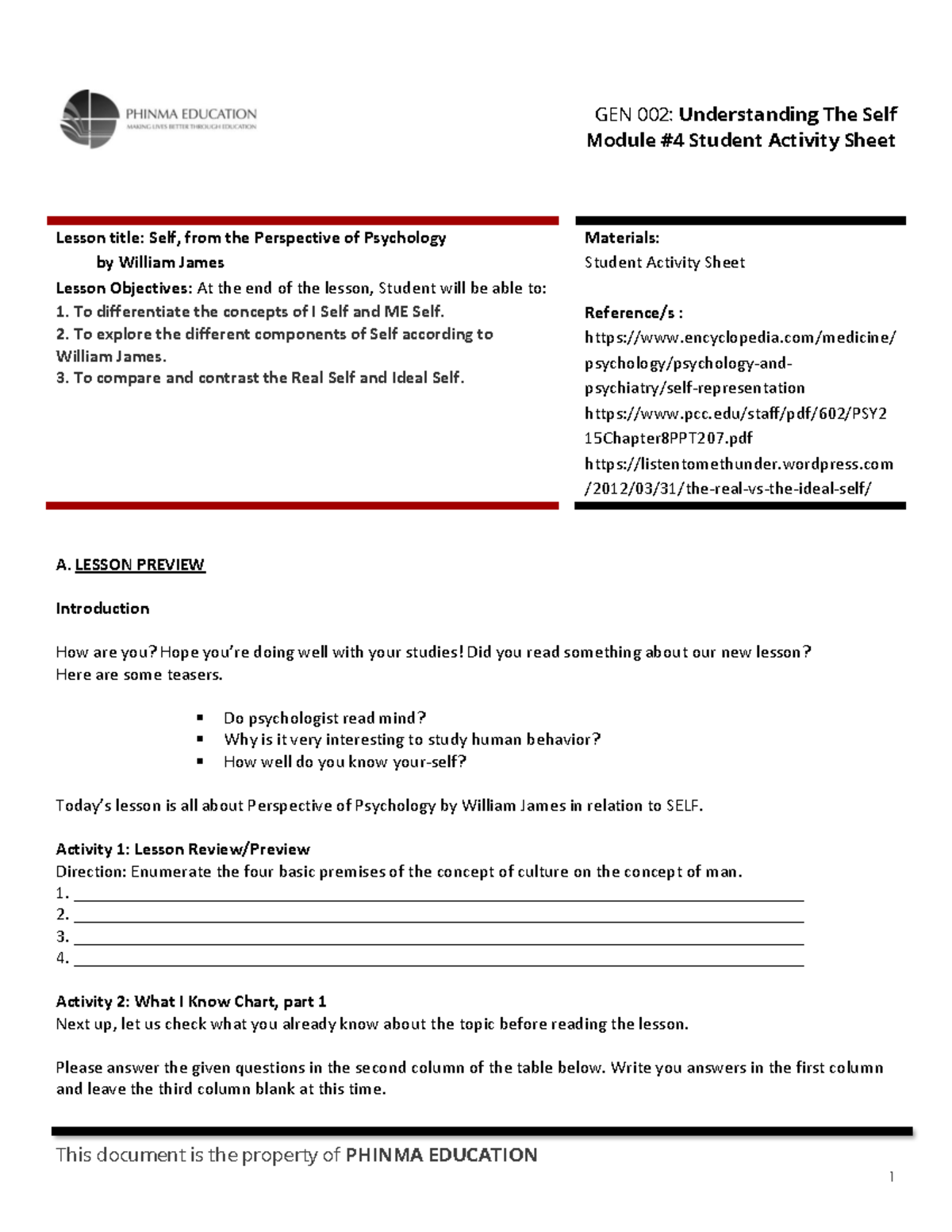 SAS#4-GEN 002 - Understanding Self - Module # 4 Student Activity Sheet This document is the ...