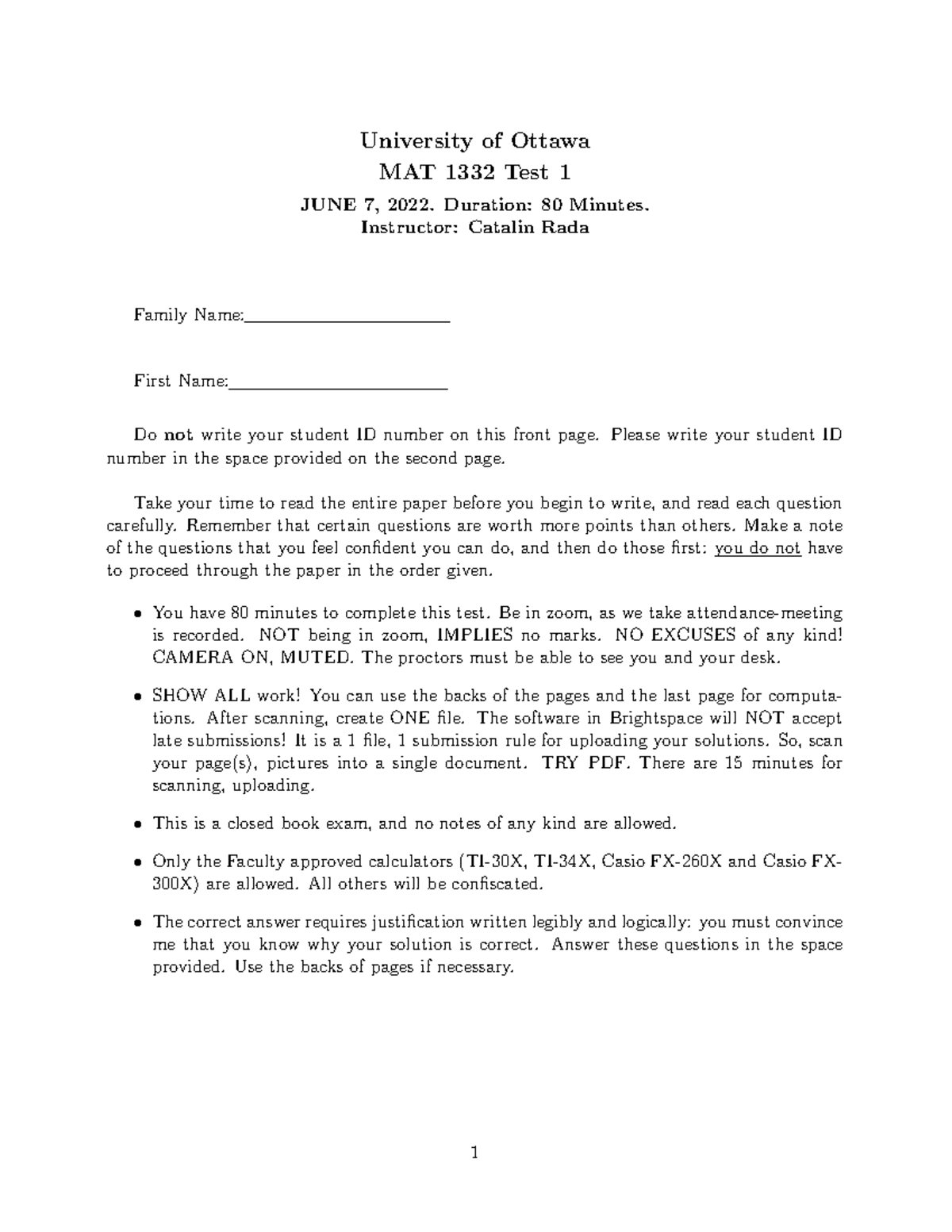 Test1 version A 2022 summer - University of Ottawa MAT 1332 Test 1 JUNE ...