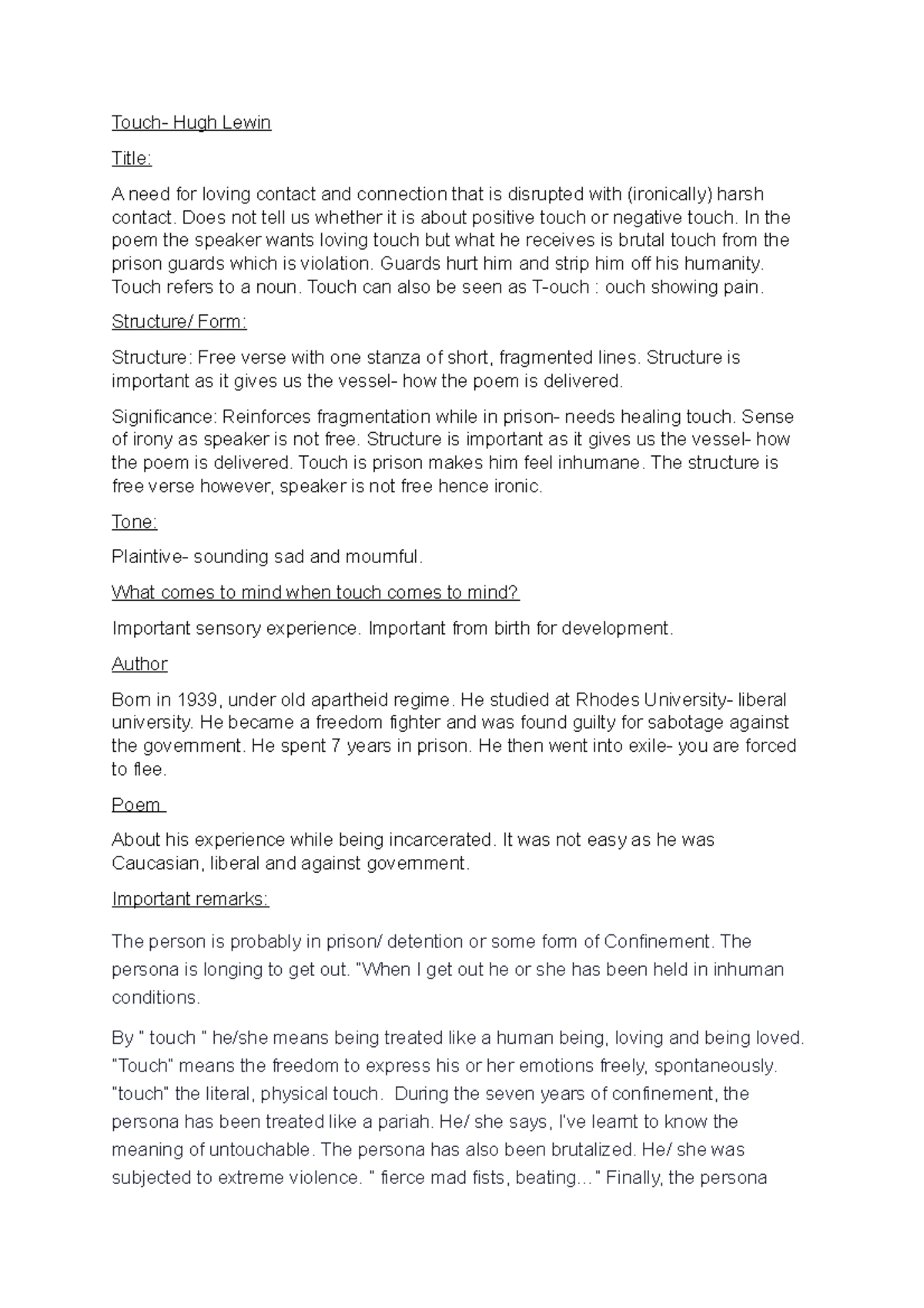 Touch- poem - Touch- Hugh Lewin Title: A need for loving contact and ...