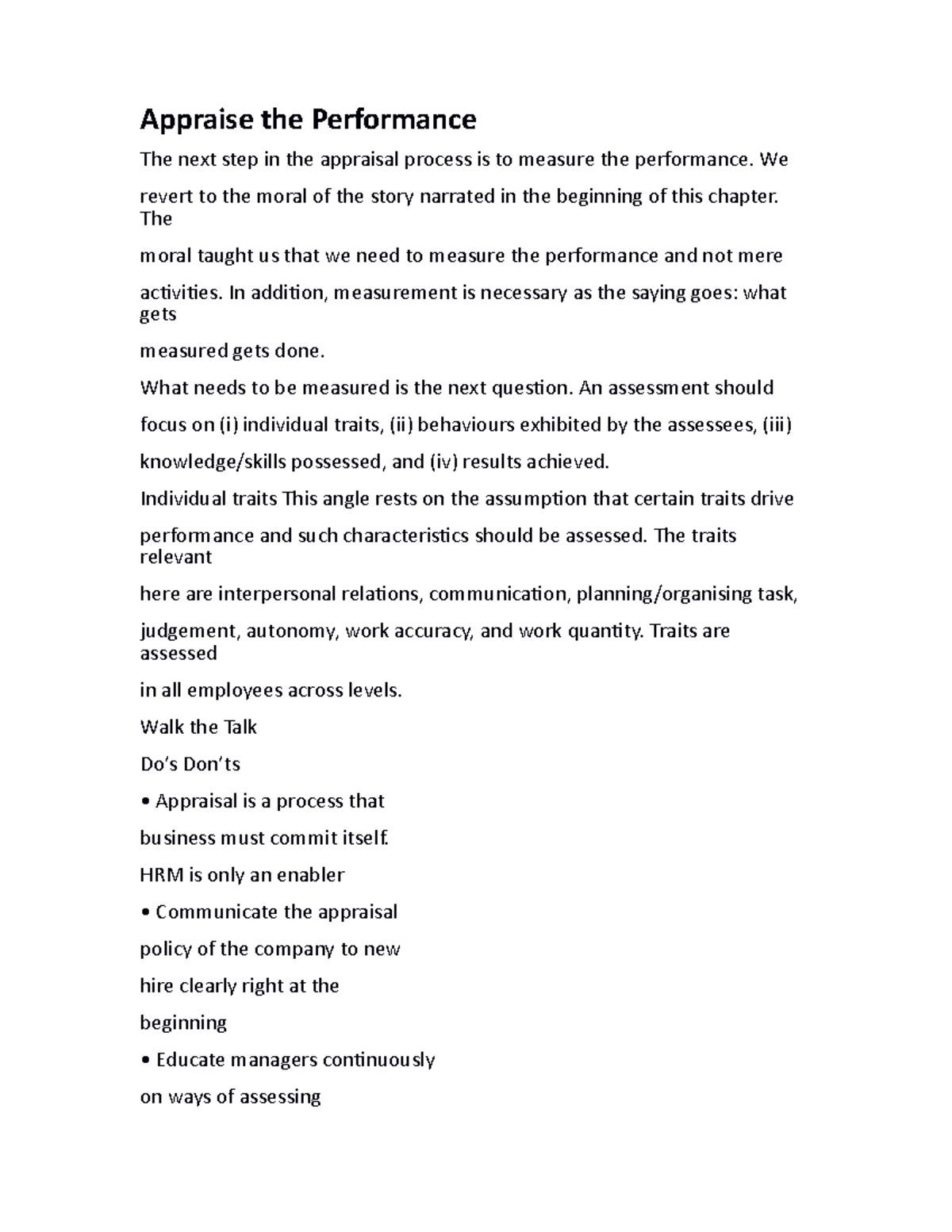 Appraise the Performance notes - Appraise the Performance The next step ...
