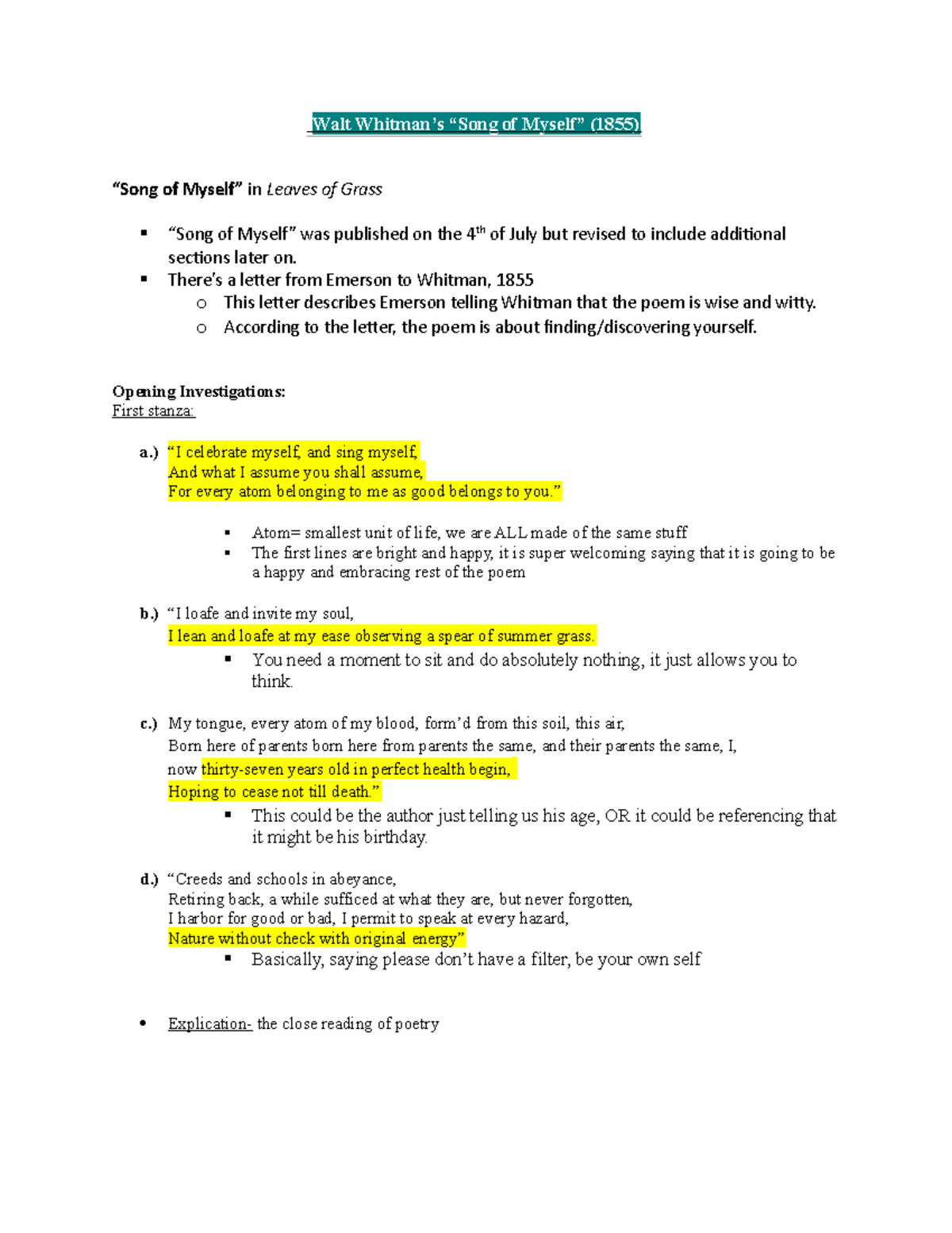 Module 4 Notes - Walt Whitman’s “Song of Myself” (1855) “Song of Myself ...