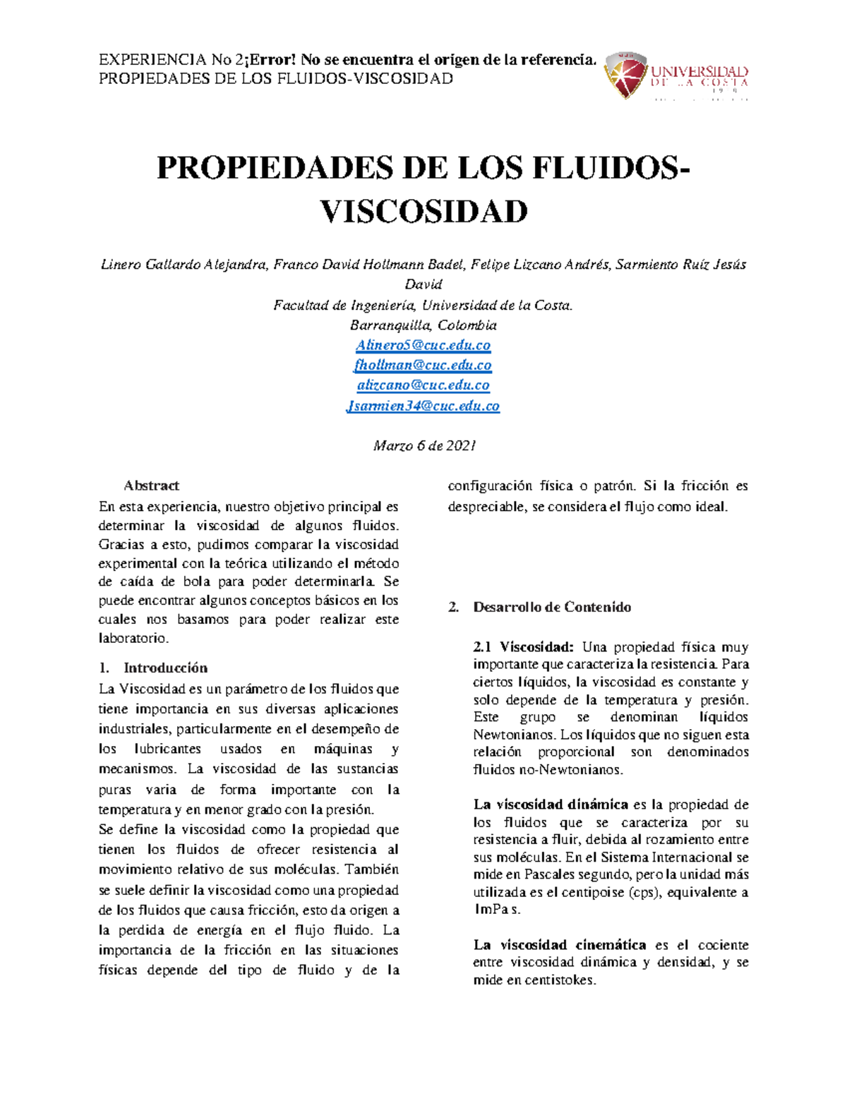 Informe Viscosidad 2-1 - PROPIEDADES DE LOS FLUIDOS-VISCOSIDAD ...