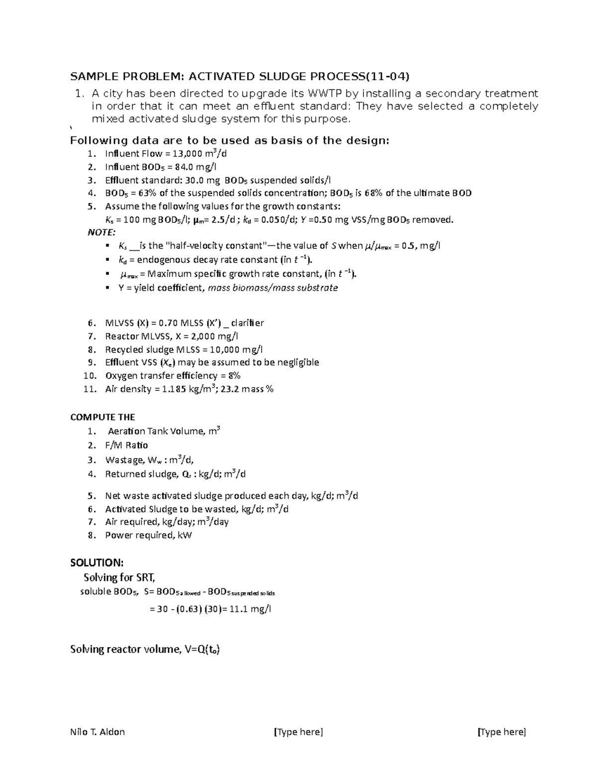 Sample 1 Problem Activated Sludge - SAMPLE PROBLEM: ACTIVATED SLUDGE ...