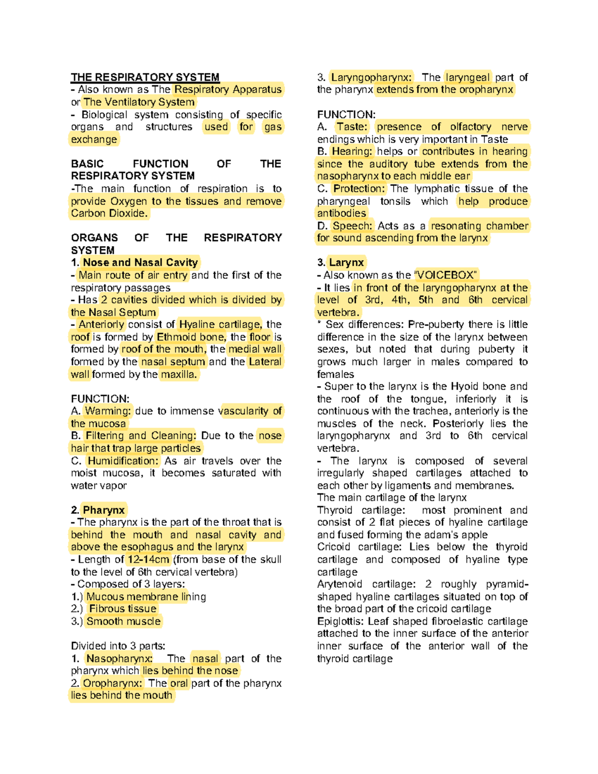 Health science respiratory notes A.Y 2020-2021 - THE RESPIRATORY SYSTEM ...