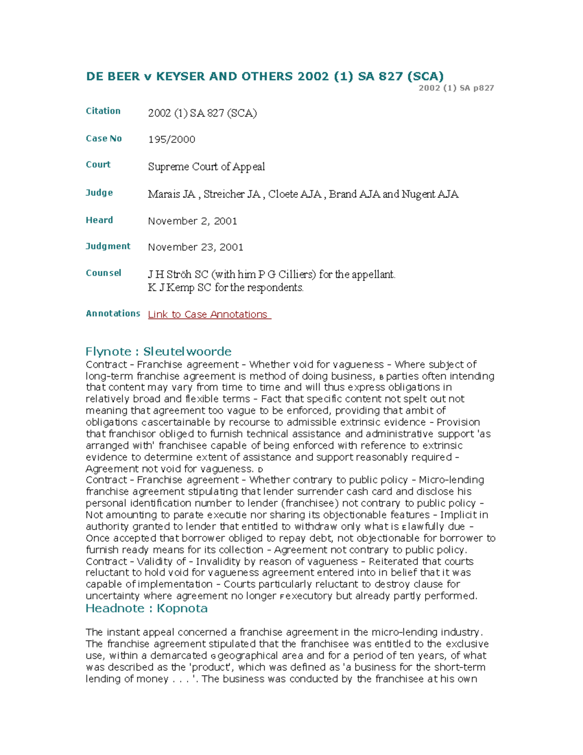 DE BEER v Keyser AND Others 2002 - DE BEER v KEYSER AND OTHERS 2002 (1 ...