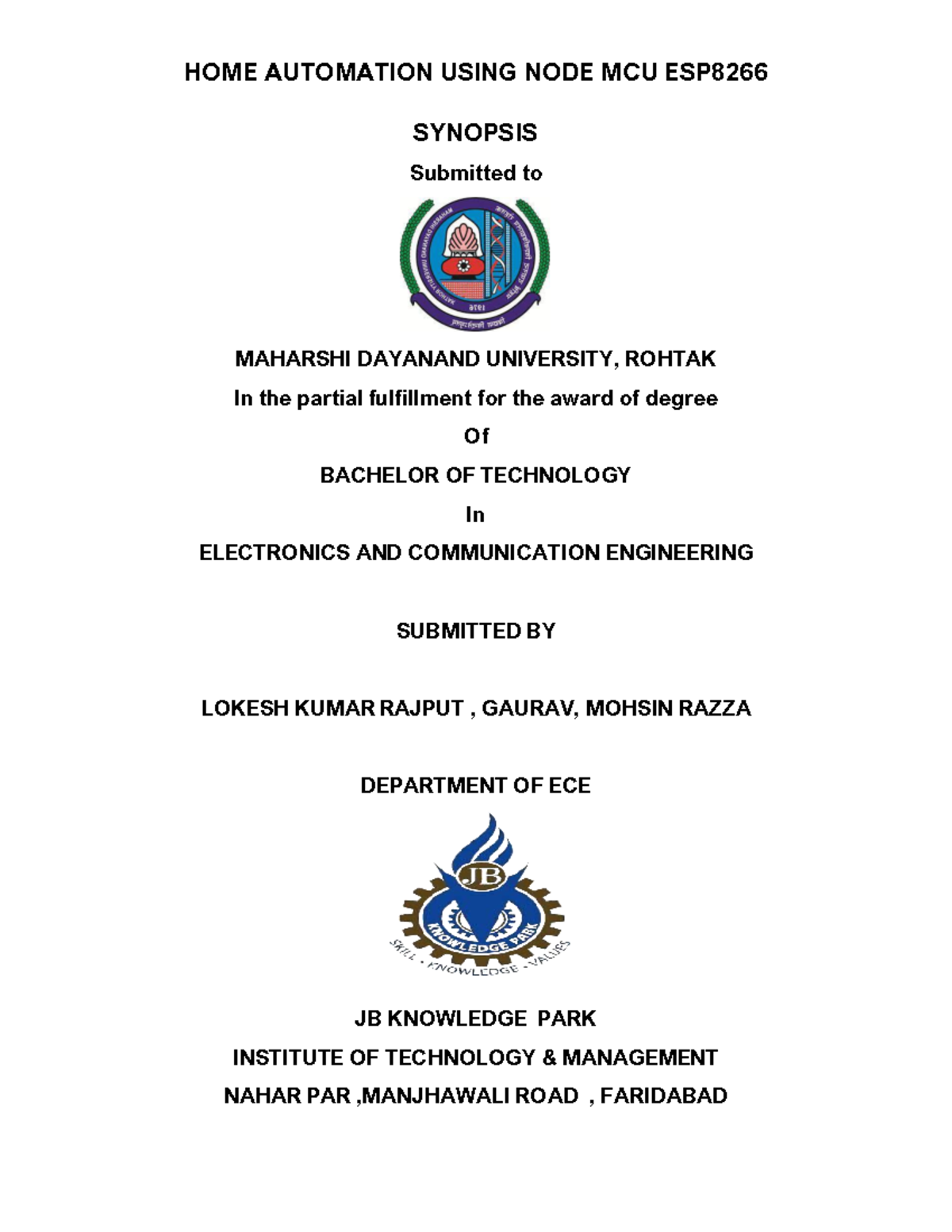 Synopsis - HOME AUTOMATION USING NODE MCU ESP SYNOPSIS Submitted to ...