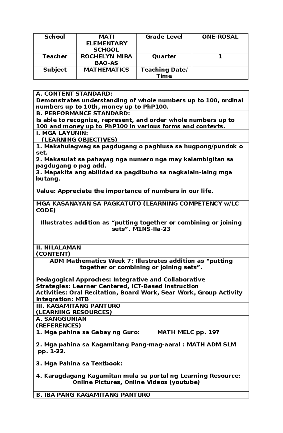 MATH Demonstration - School MATI ELEMENTARY SCHOOL Grade Level ONE ...