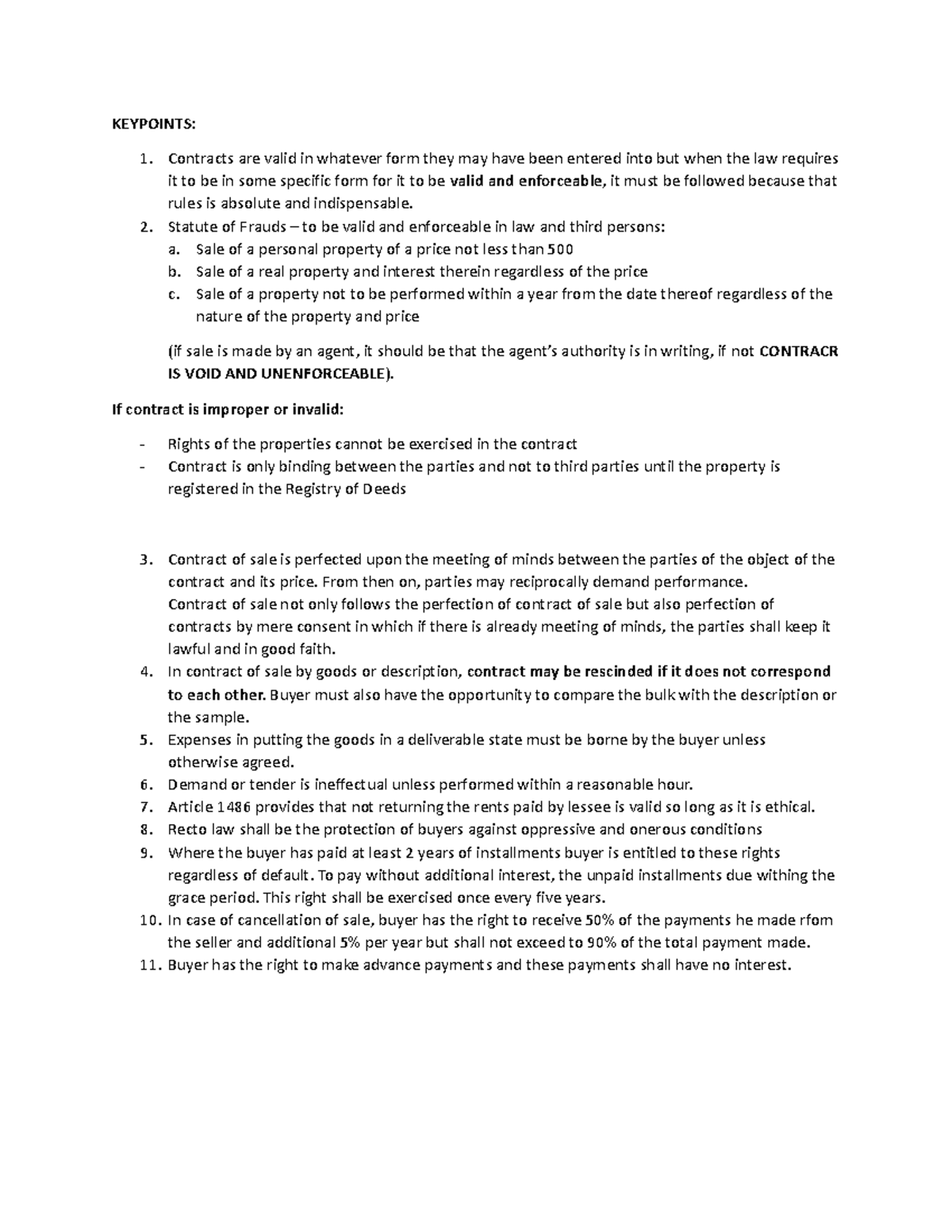 Keypoints IN Rules ON Allied LAWS - KEYPOINTS: Contracts are valid in ...