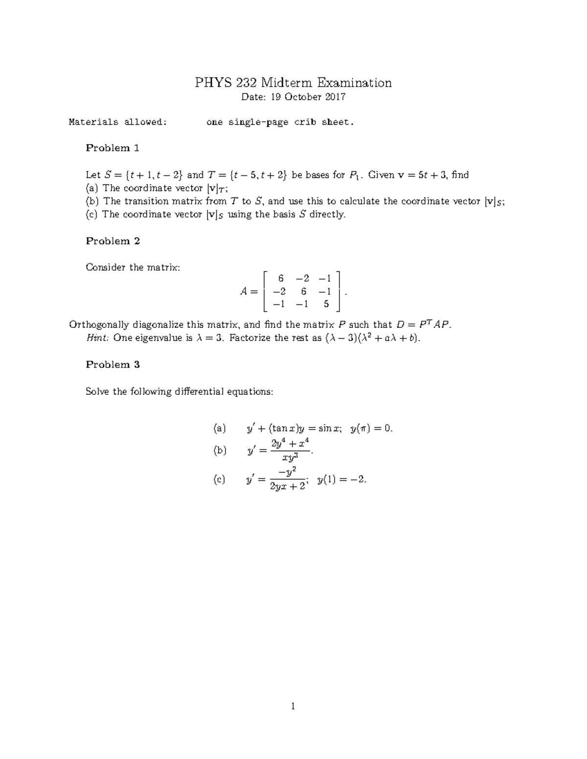 Midterm 19 October 2017, questions - PHYS 232 Midterm Examination Date ...