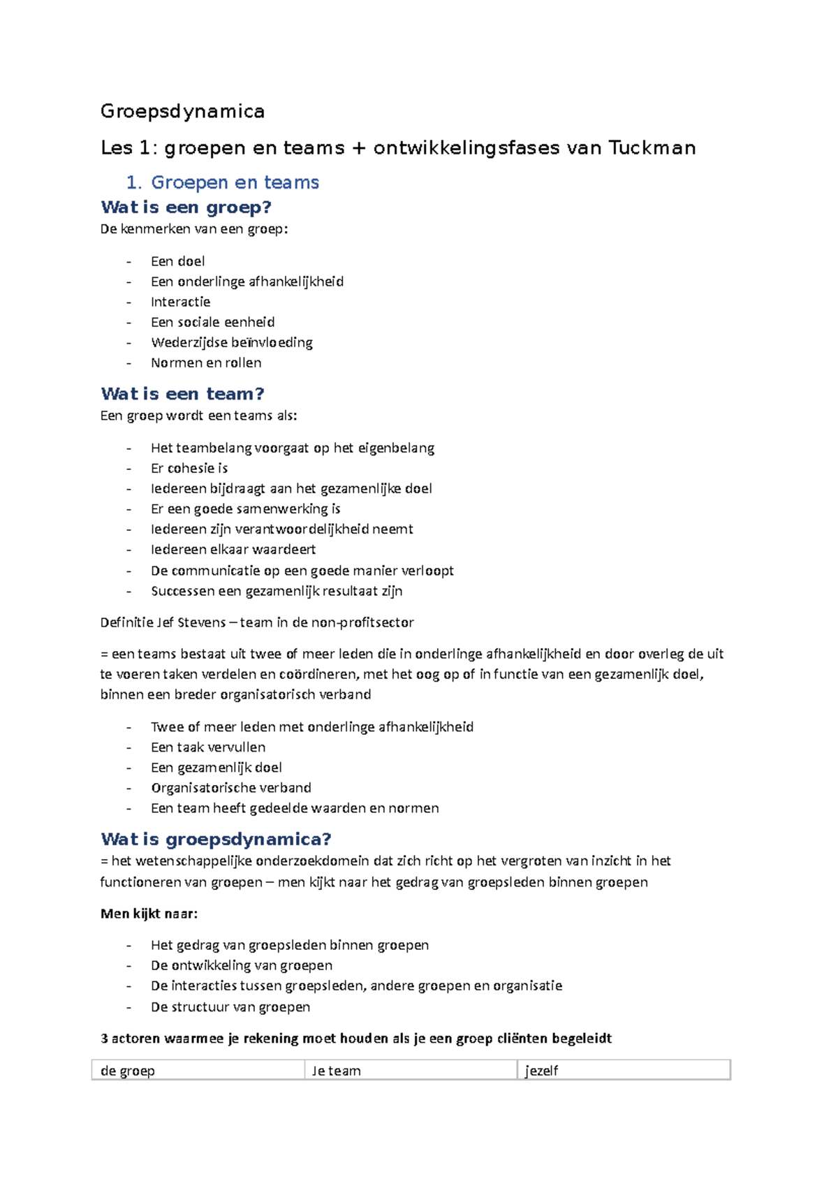 Groepsdynamica samenvatting - Groepsdynamica Les 1: groepen en teams ...