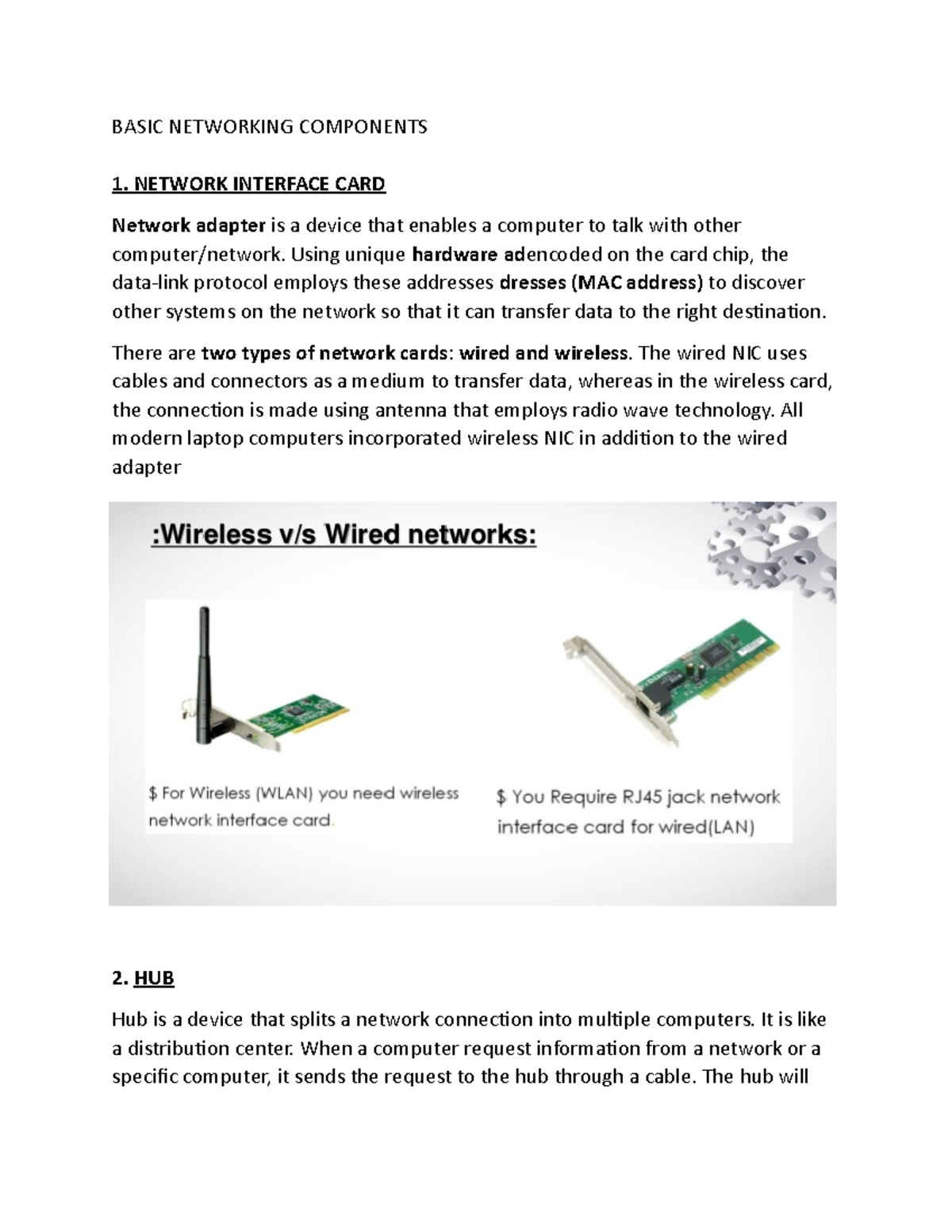 Basic Networking Components and Functions - BASIC NETWORKING COMPONENTS ...