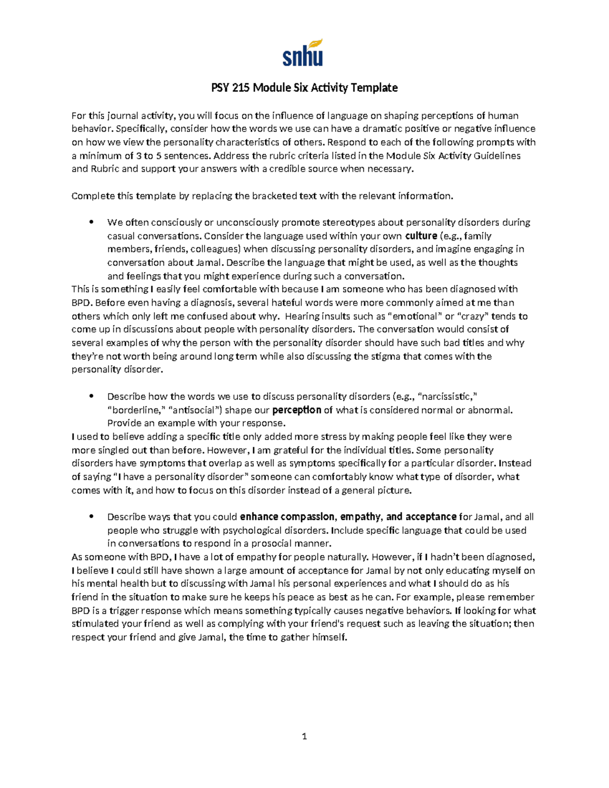 PSY 215 Module Six Activity Template - PSY 215 Module Six Activity ...