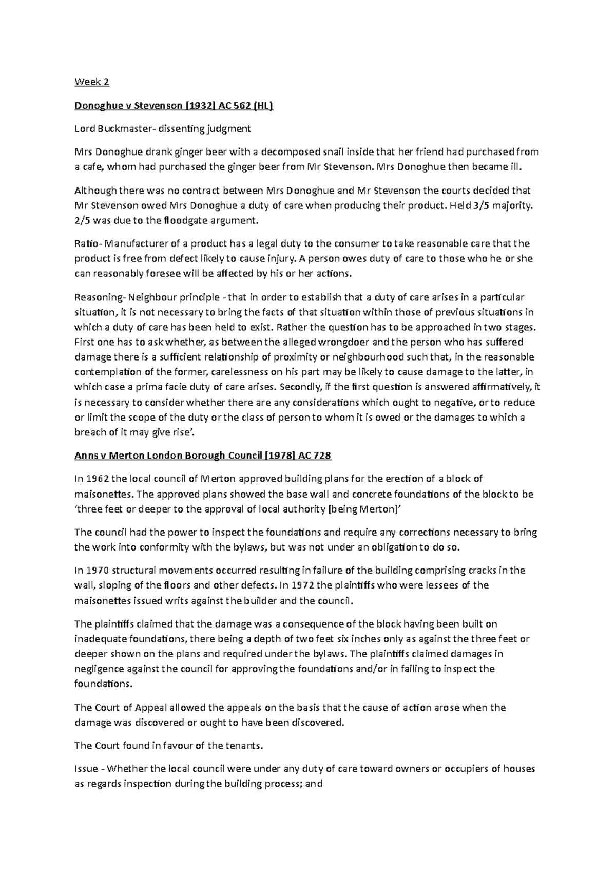 Week 2 - Reading - Week 2 Donoghue v Stevenson [1932] AC 562 (HL) Lord ...