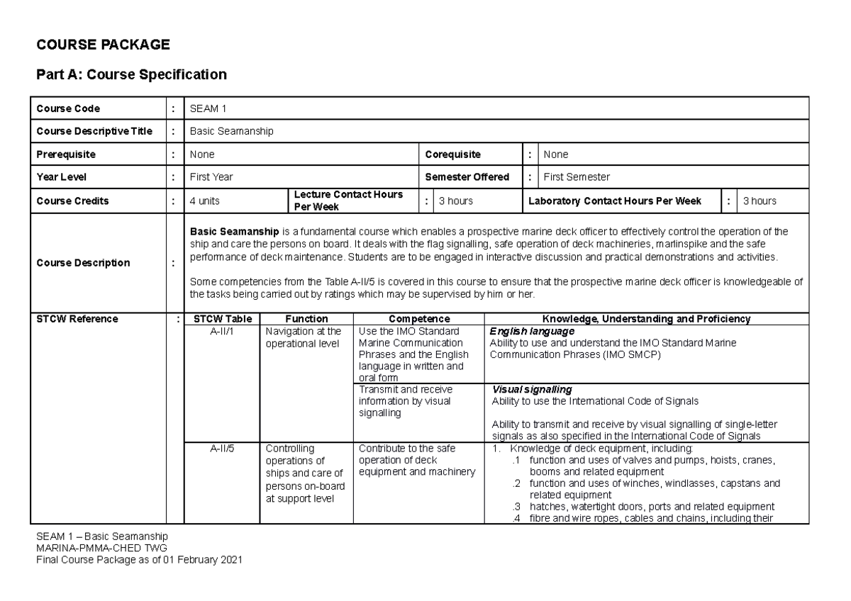 SEAM 1 as of Feb 1 2021 - Seamanship - COURSE PACKAGE Part A: Course ...