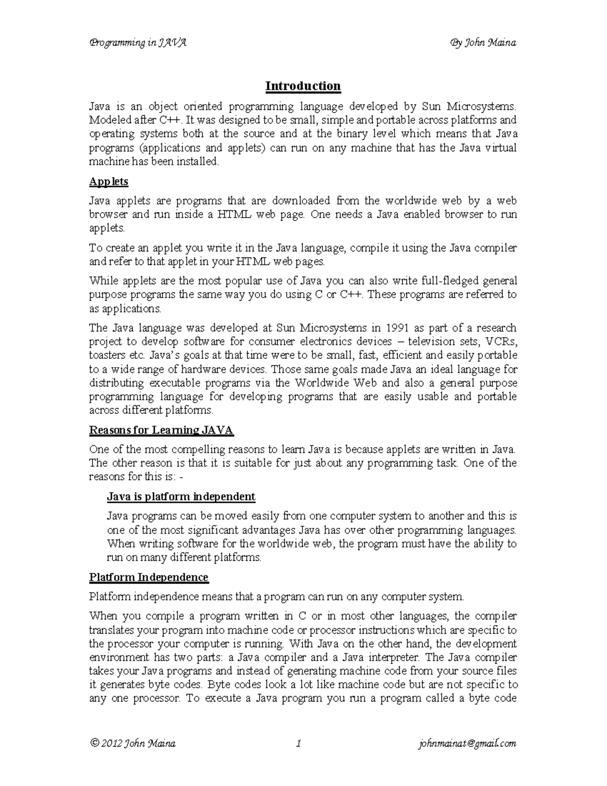 Java Notes [Edited] - Introduction Java is an object oriented ...