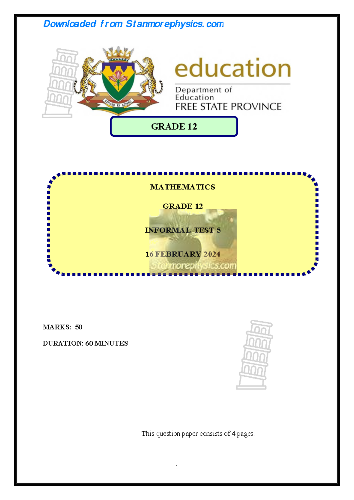 FS Maths Grade 12 TEST 5 FEB 2024 QP and Memo - MARKS: 50 DURATION: 60 ...