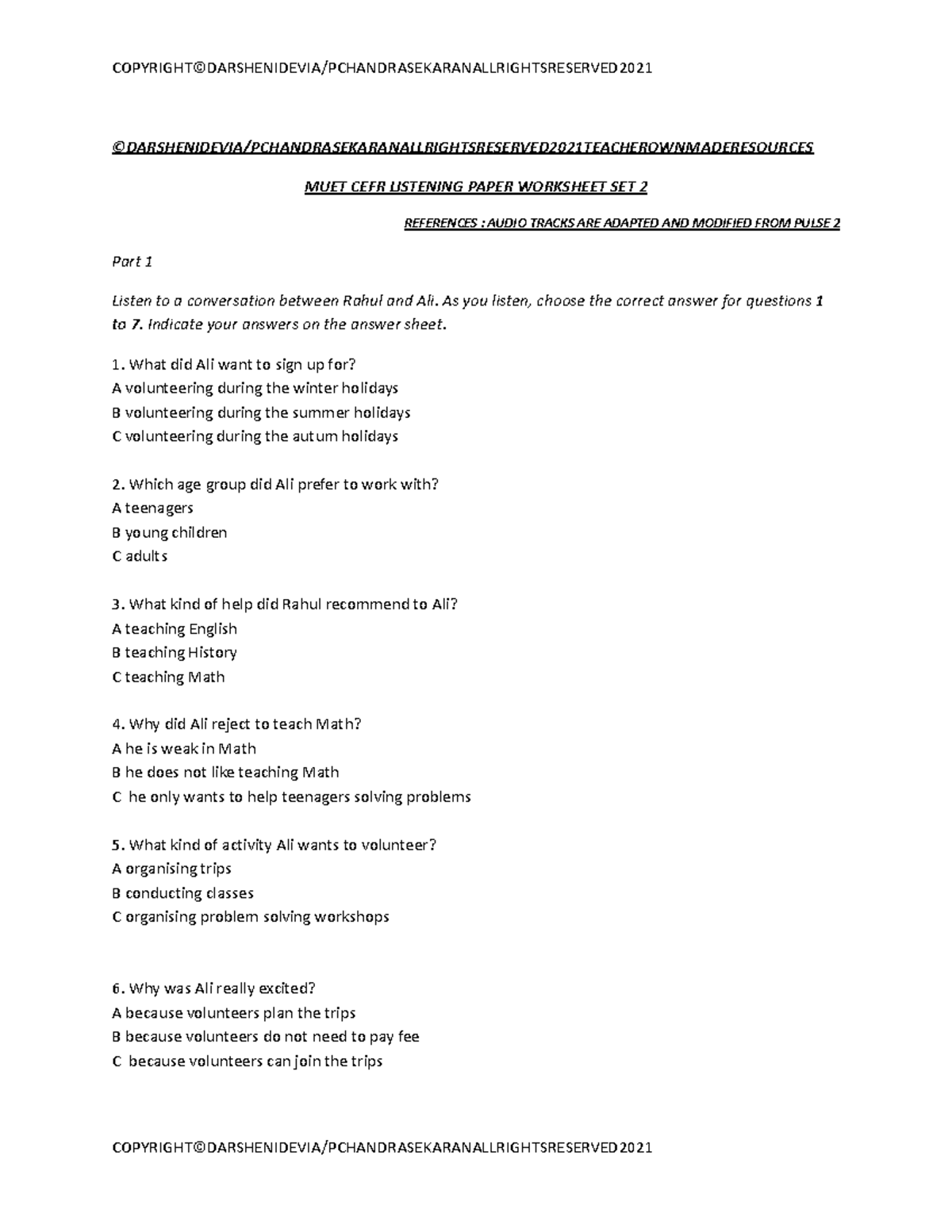 MUET CEFR Listening Paper Worksheet SET 2 - - Studocu