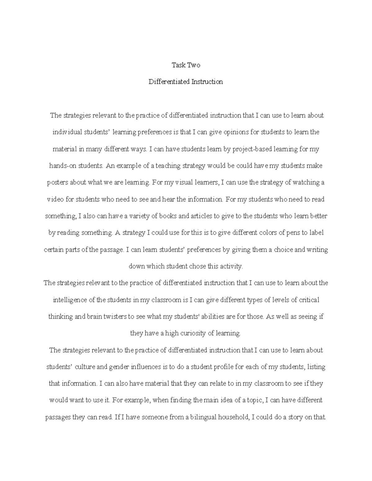 D187 Task 2 - Passed - Task Two Differentiated Instruction The ...