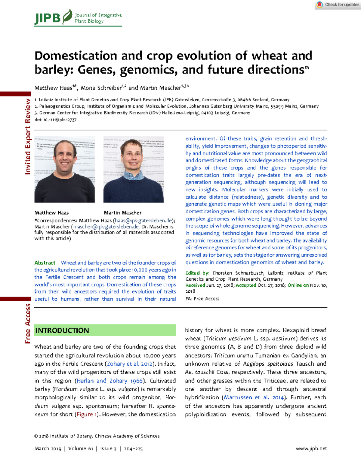 Haas - Domestication and crop evolution of wheat and barley Genes ...