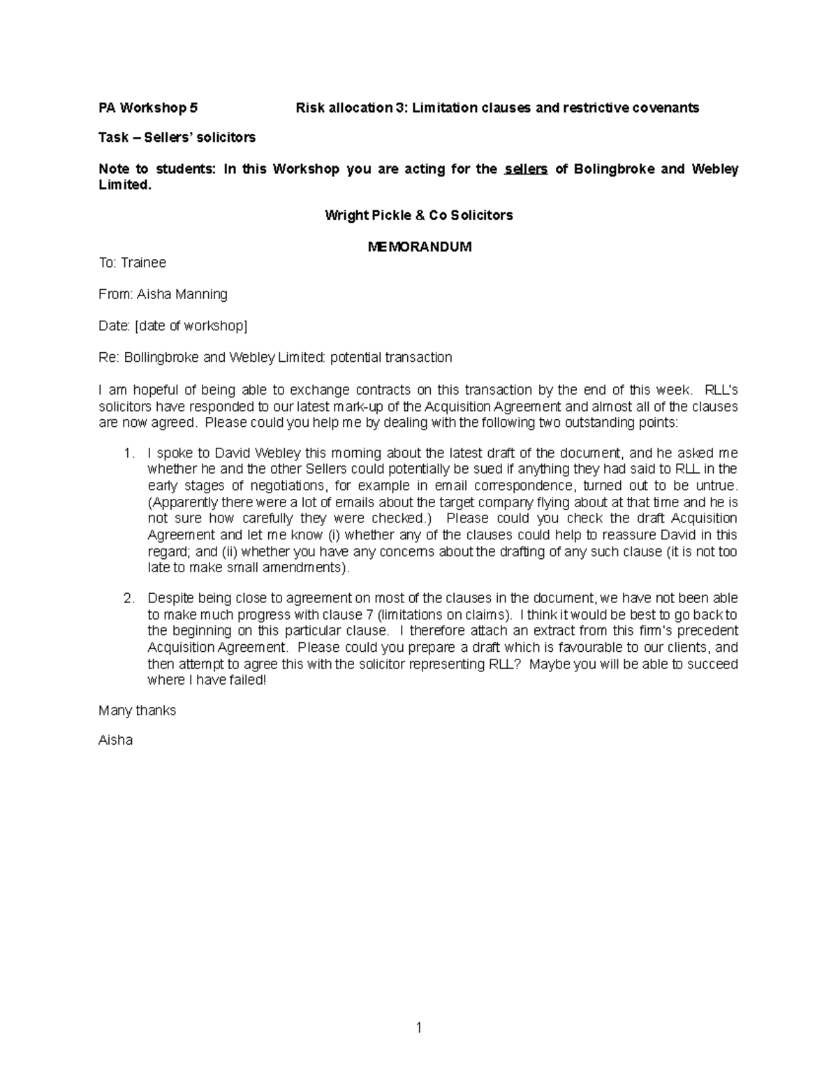 Workshop 5 Task - Seller - PA Workshop 5 Risk allocation 3: Limitation ...