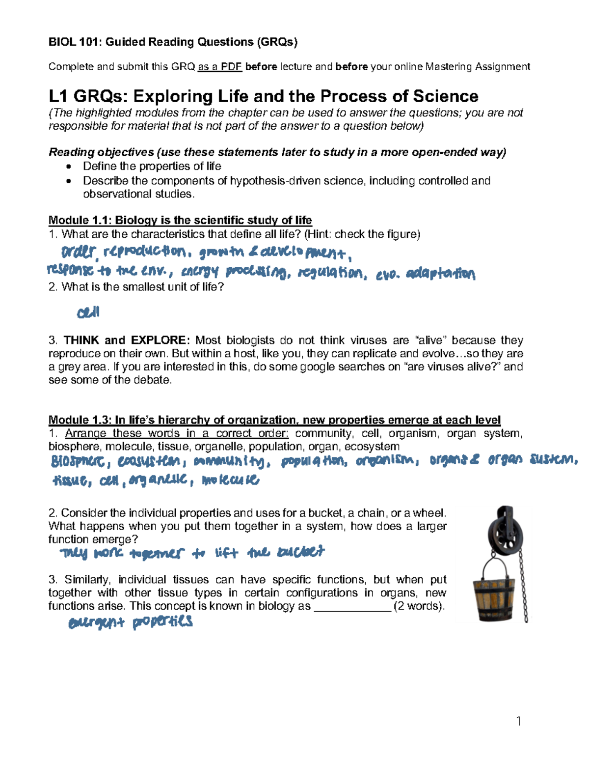 GRQ 1 - First lecture - BIOL 101: Guided Reading Questions (GRQs ...