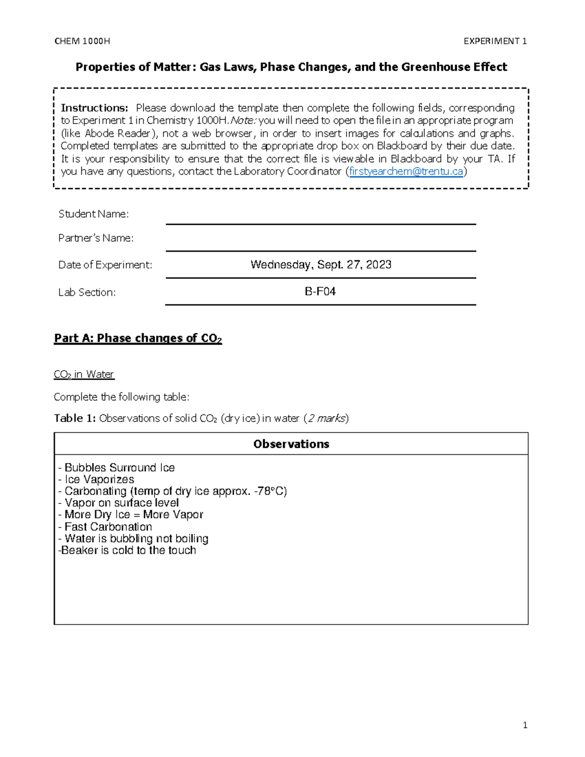 CHEM 1000 Experiment 1 - Properties of Matter: Gas Laws, Phase Changes ...