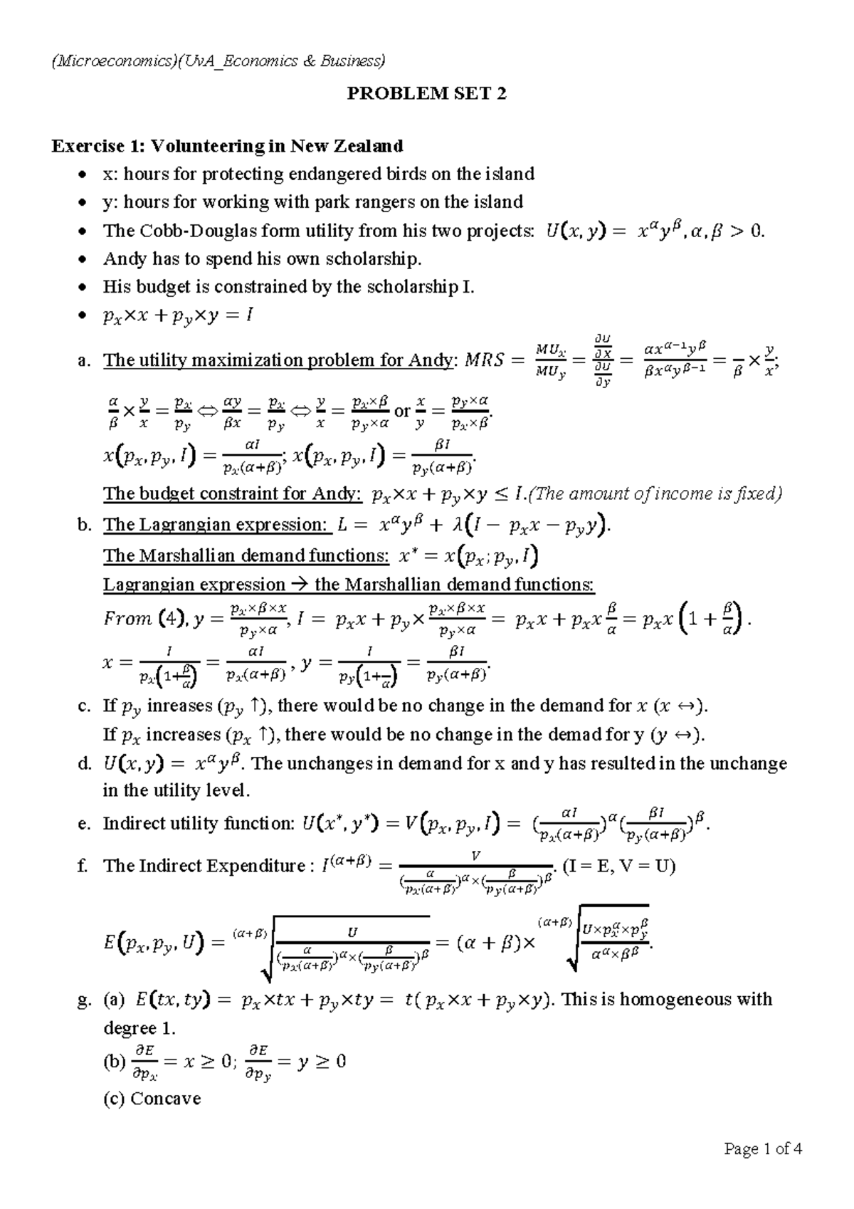 Micro Problem Set 2 Final pdf - PROBLEM SET 2 Exercise 1: Volunteering in New Zealand - x: hours ...