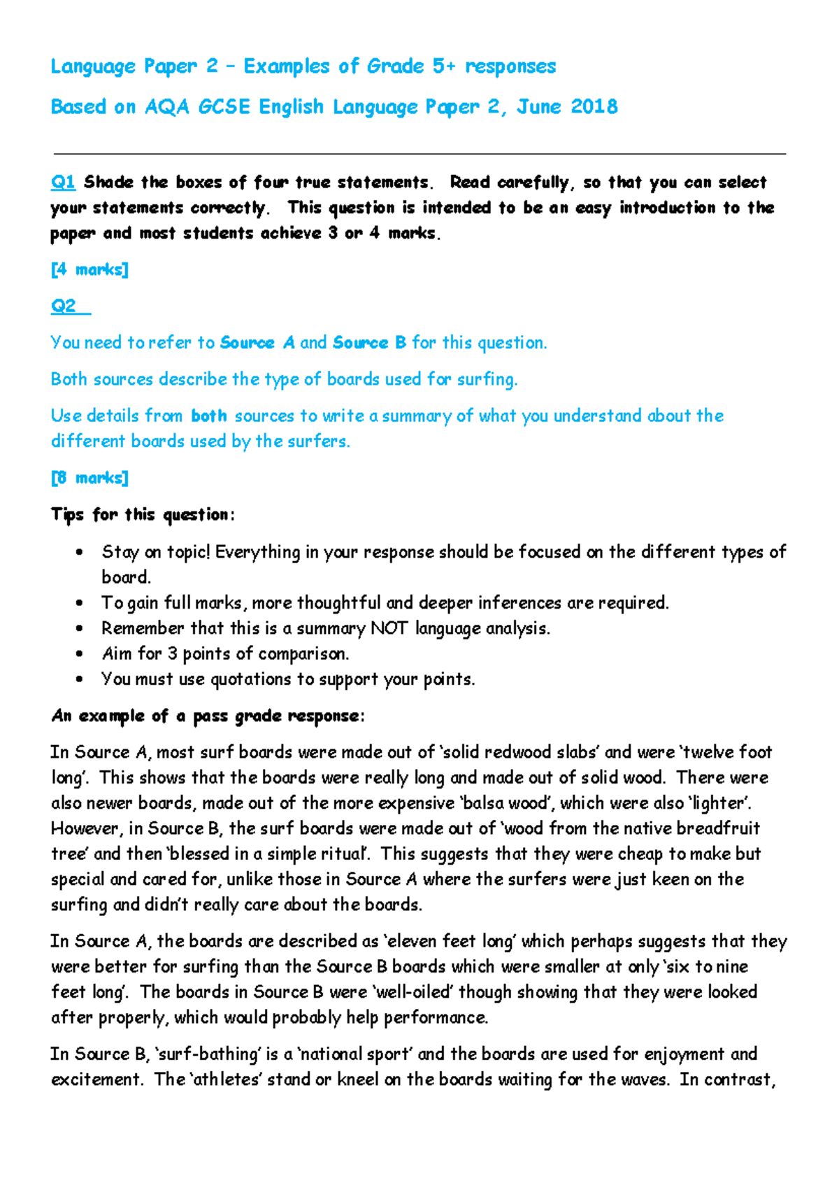 English Language Paper 2 Surf model answers Sept 20 - Language Paper 2 ...