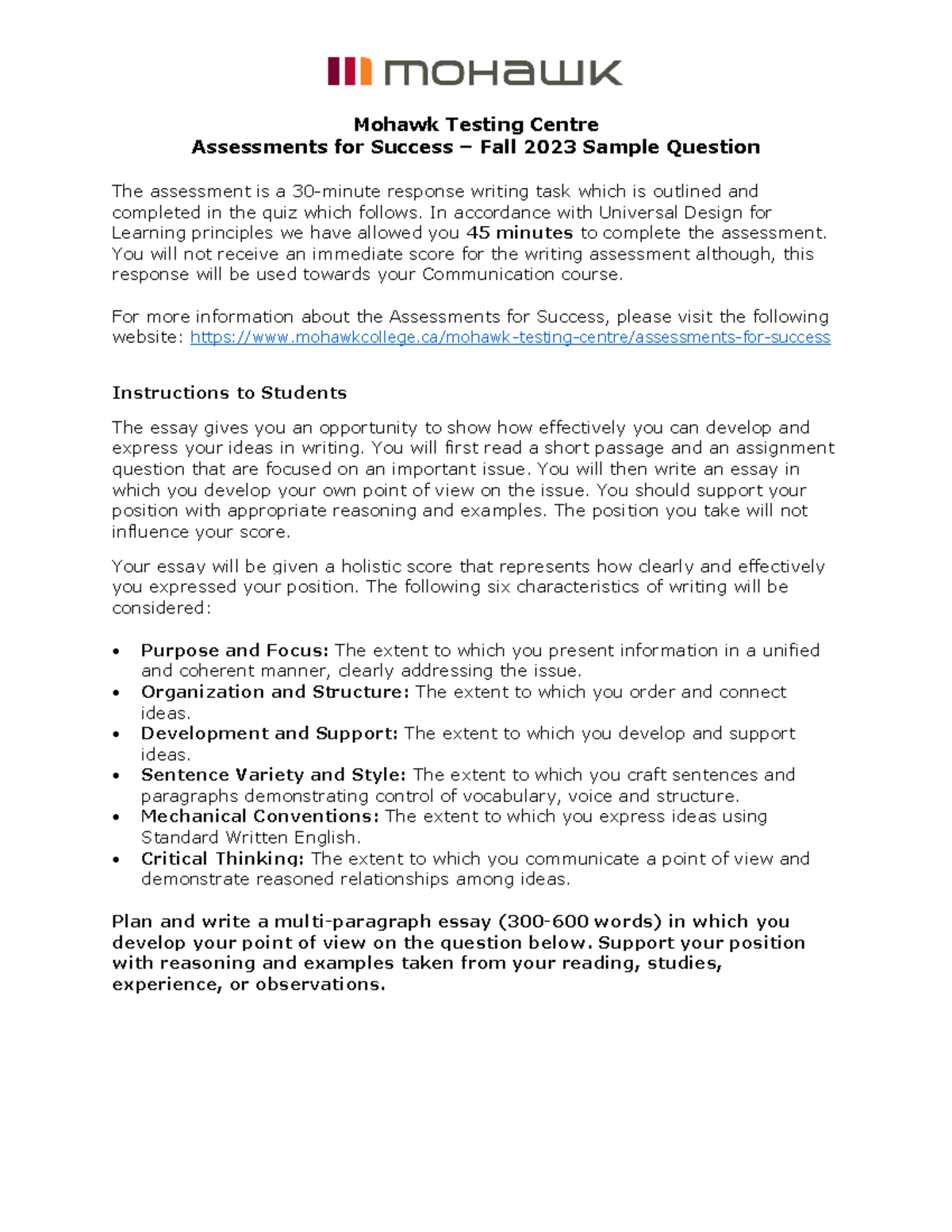AFS Fall 2023 - Sample Question - Mohawk Testing Centre Assessments for ...
