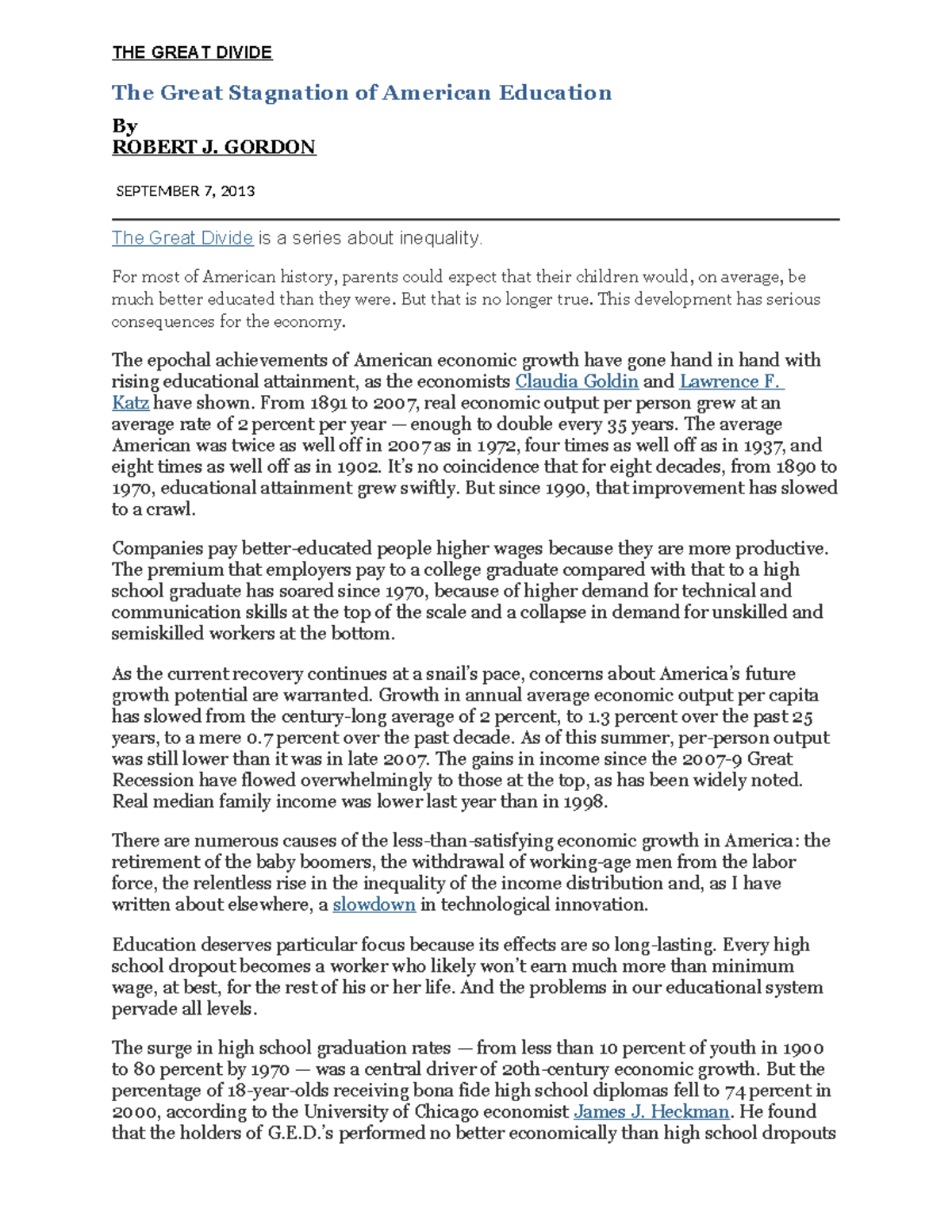 H5 Stagnation of American Education - THE GREAT DIVIDE The Great ...