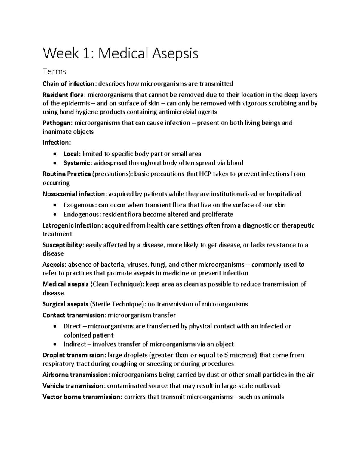 103 Medical Asepsis Readings - Week 1: Medical Asepsis Terms Chain of ...