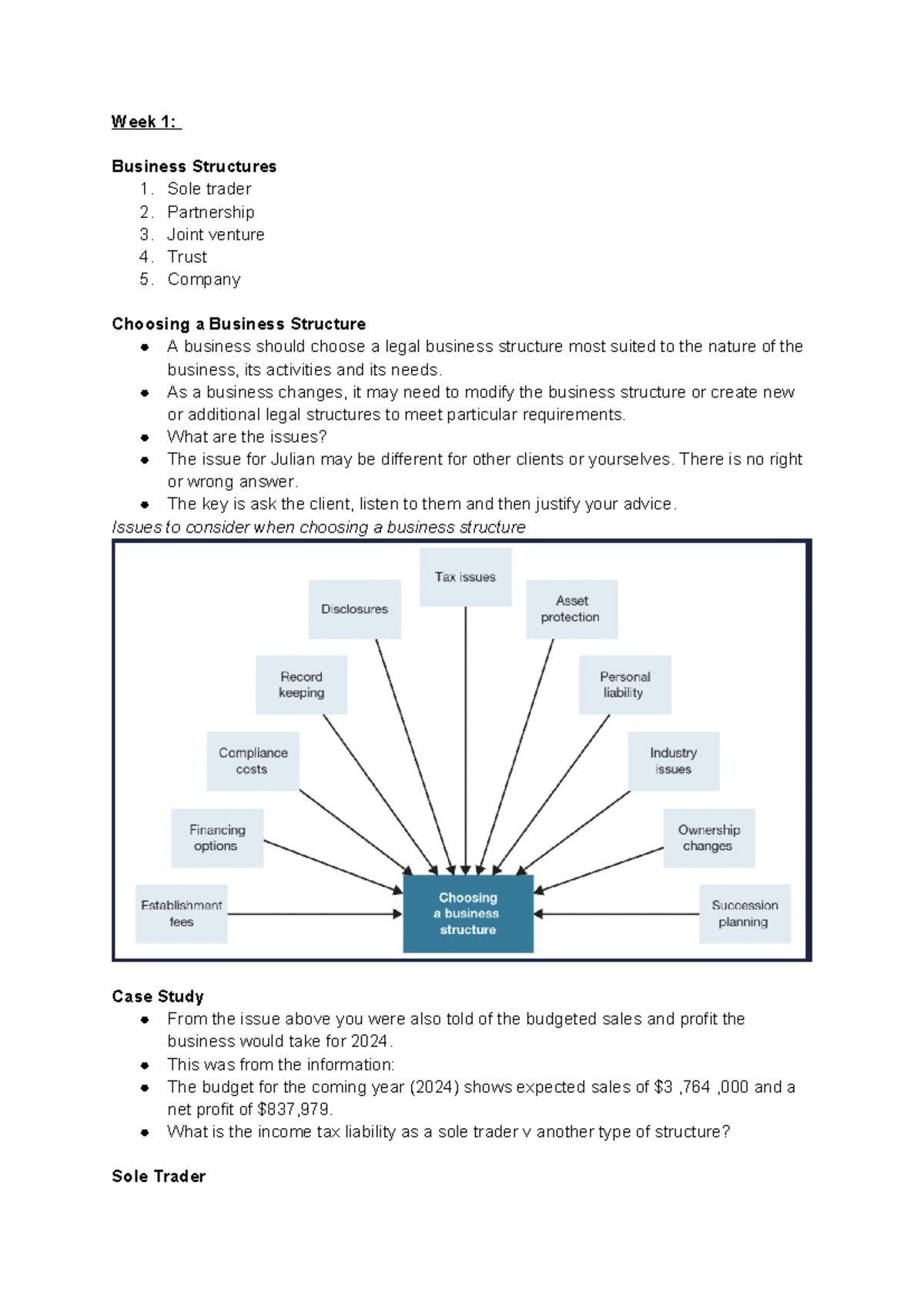 Week 1 Notes - Week 1: Business Structures 1. Sole trader 2 ...