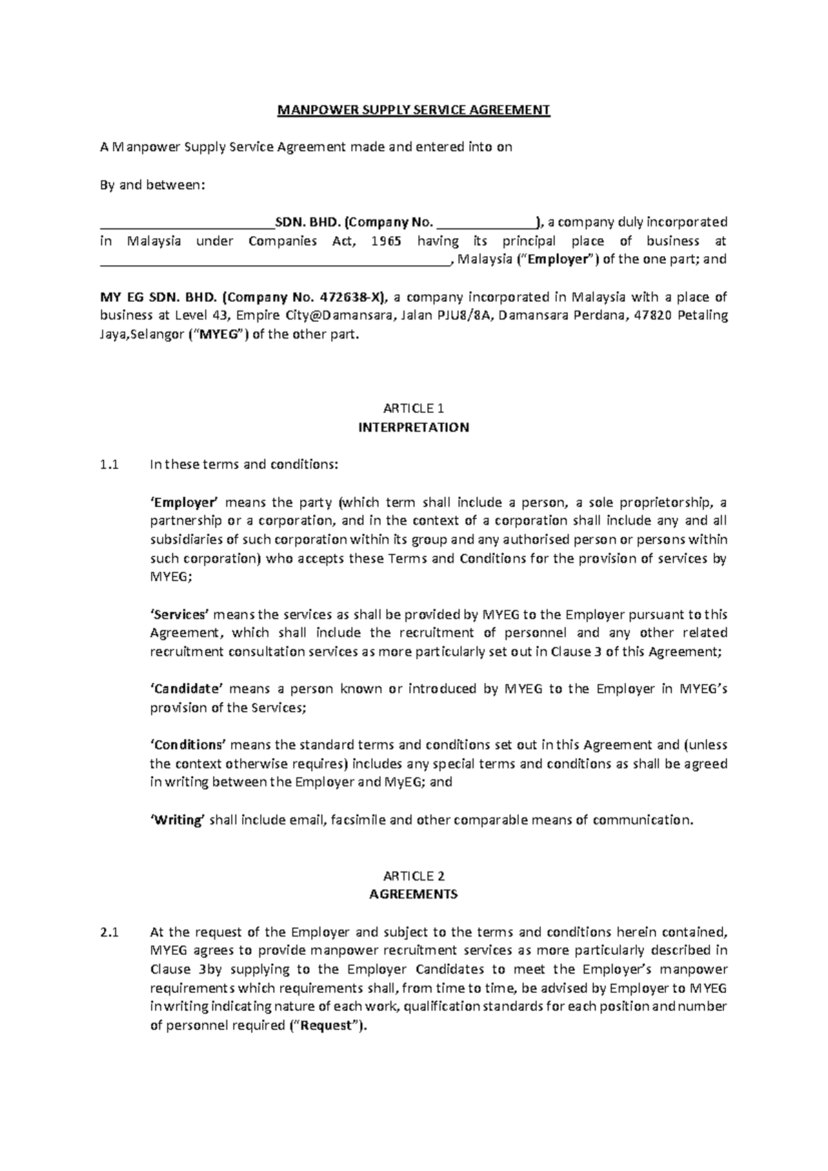 Sample for Manpower Supply agreement - MANPOWER SUPPLY SERVICE ...