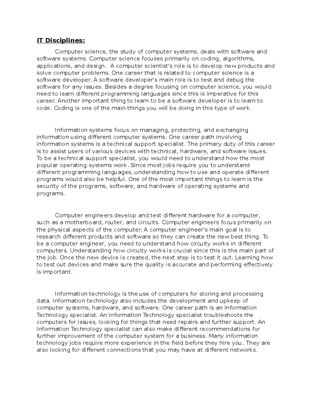 IT week 7 - IT Discussion - IT Disciplines: Computer science, the study ...