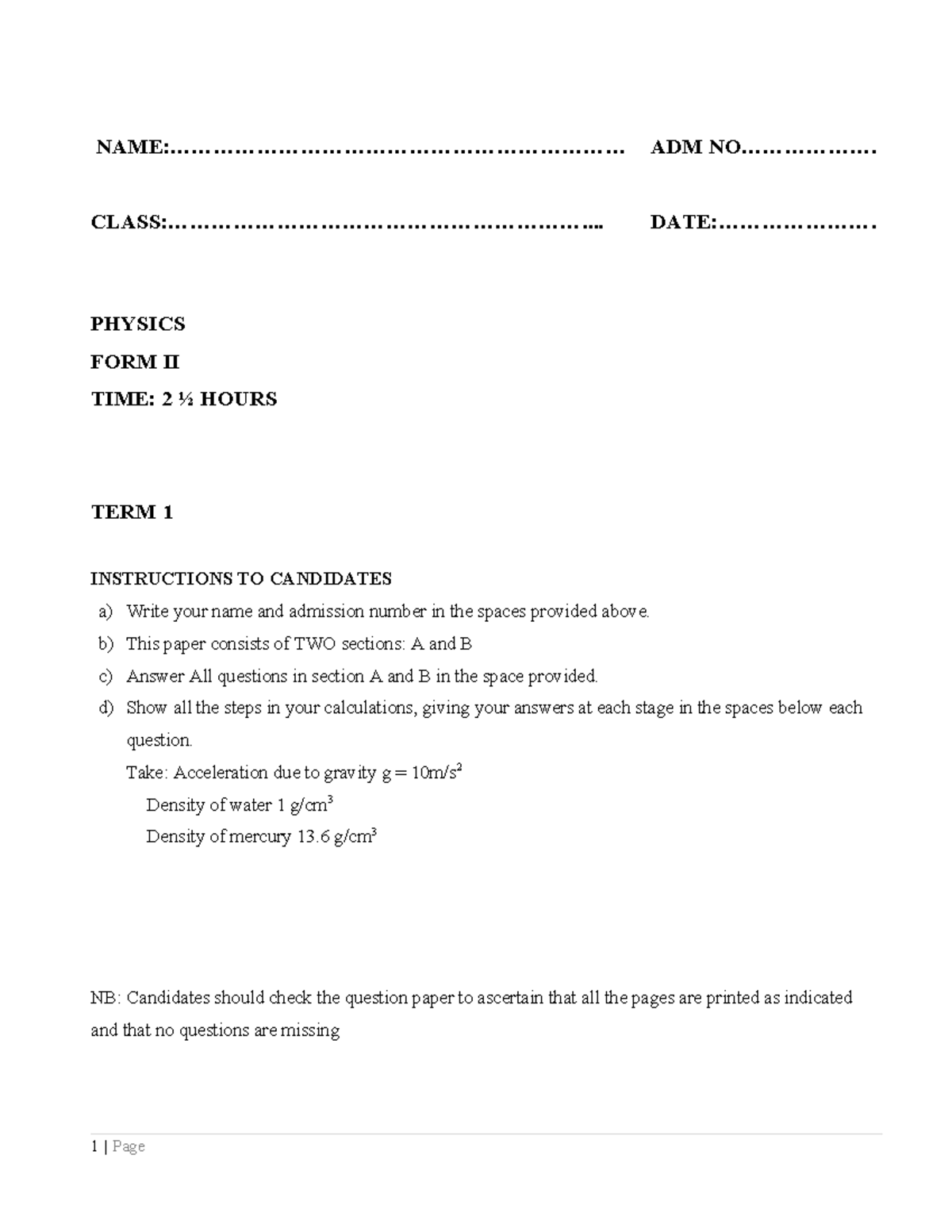 Physics-FORM-2 - physics exams - - Studocu