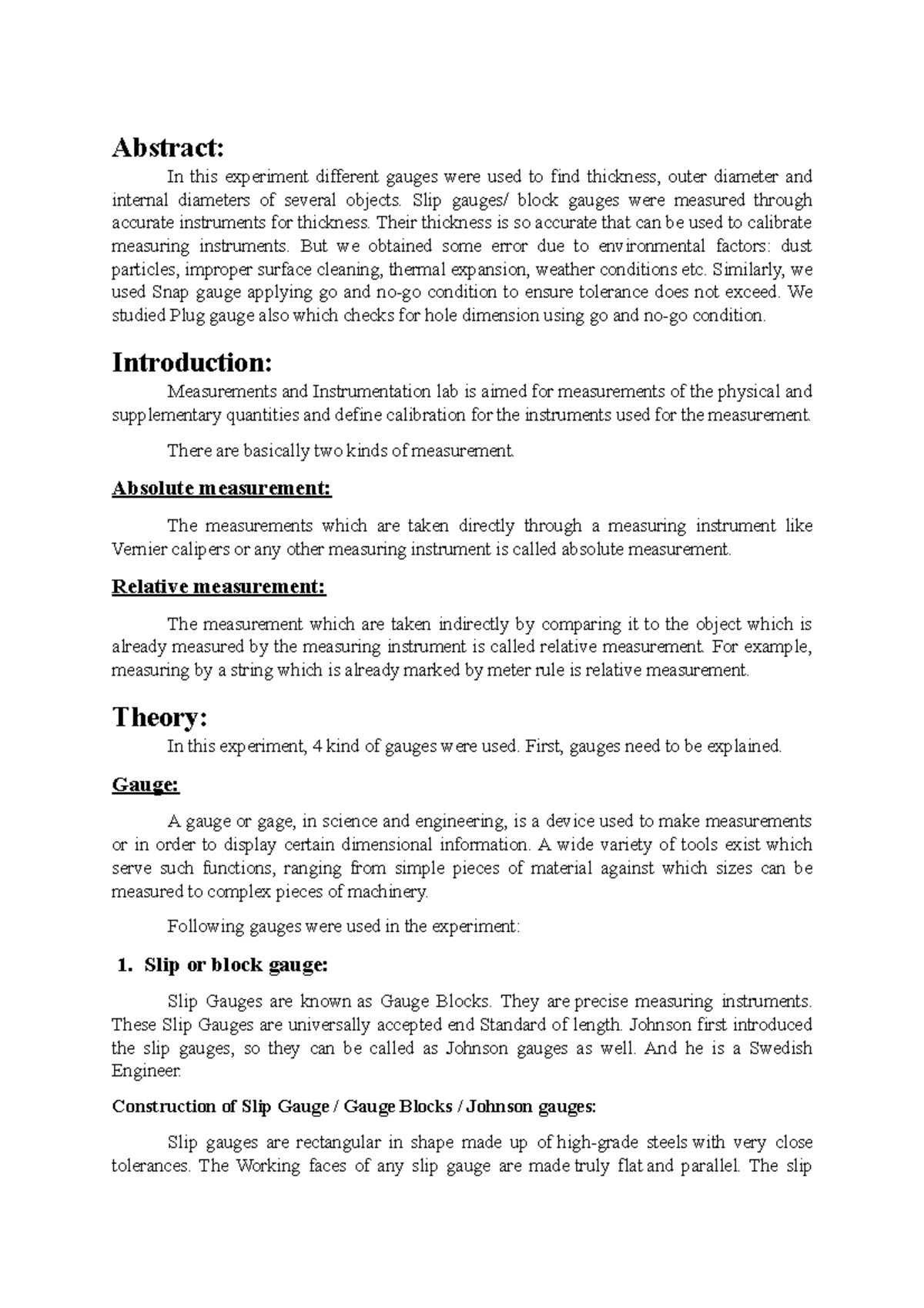 Study of slip, block, plug and snap gauges (Lab Report) - Abstract: In ...