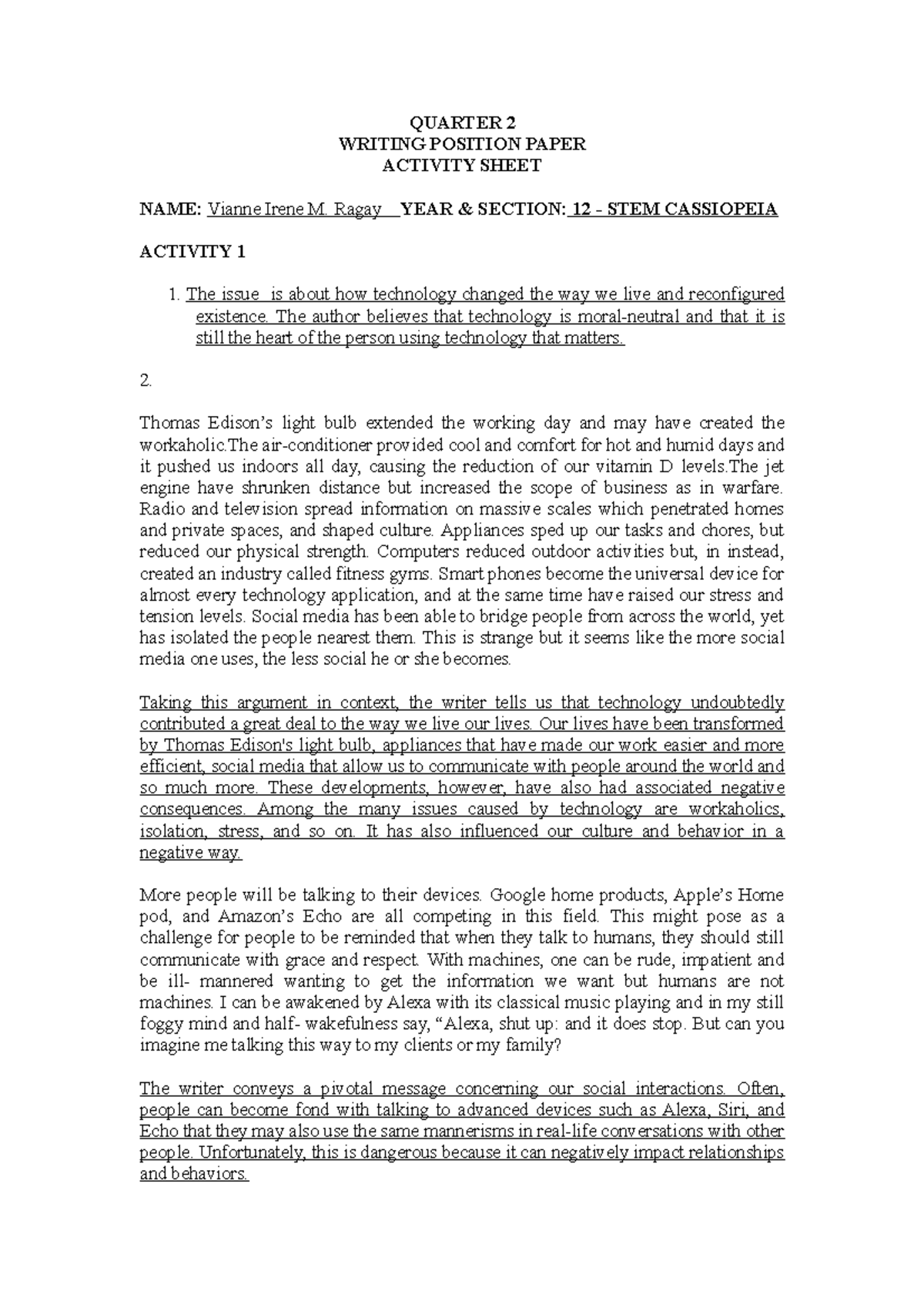 Quarter 2 - QUARTER 2 WRITING POSITION PAPER ACTIVITY SHEET NAME ...