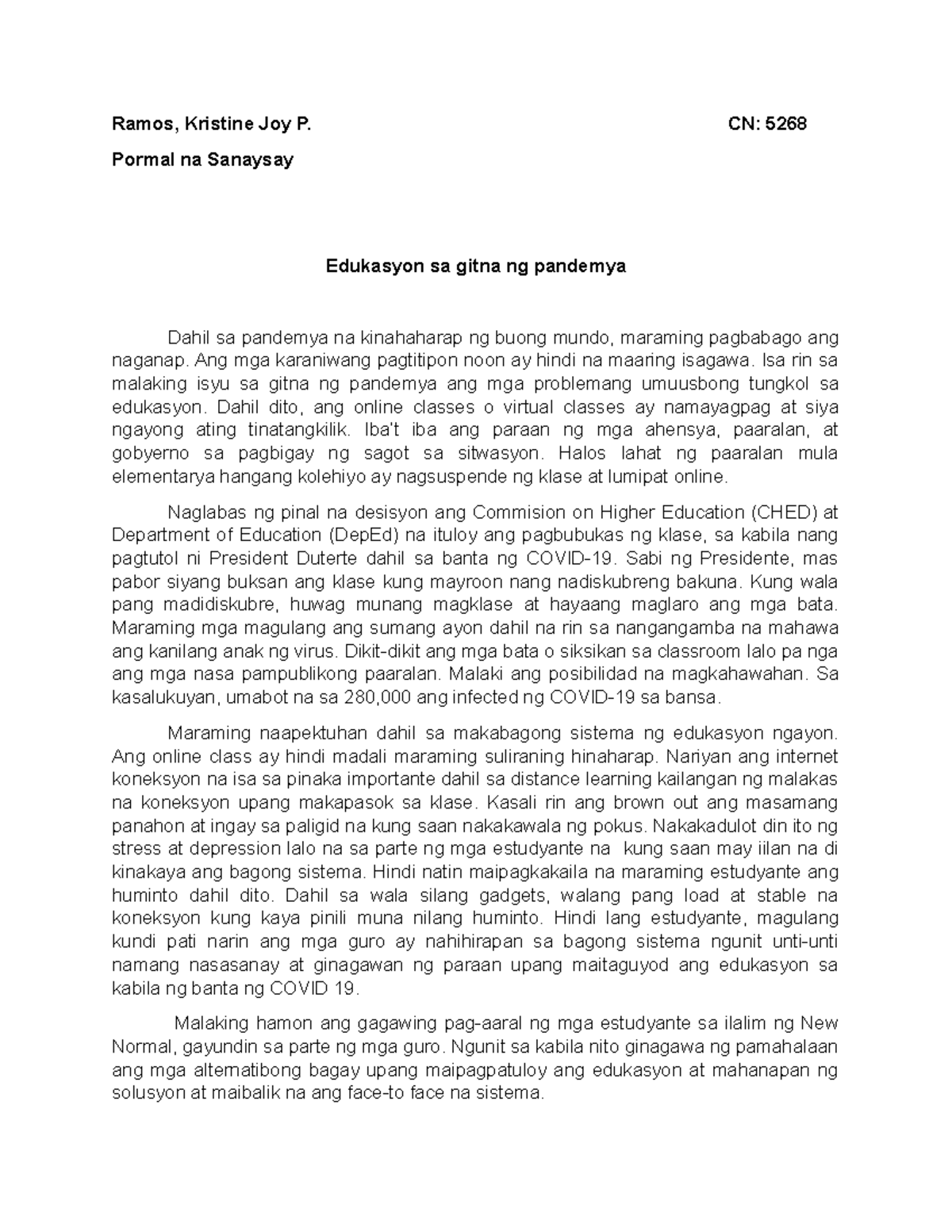 Pormal na Sanaysay. Dalumat ng/sa Filipino (BSED ENGLISH) - Ramos ...