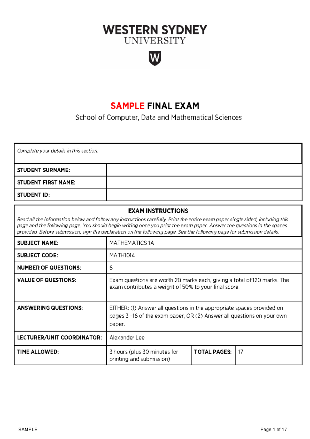 MATH1014 Mathematics 1A - Sample Final - AUT22 - SAMPLE FINAL EXAM ...