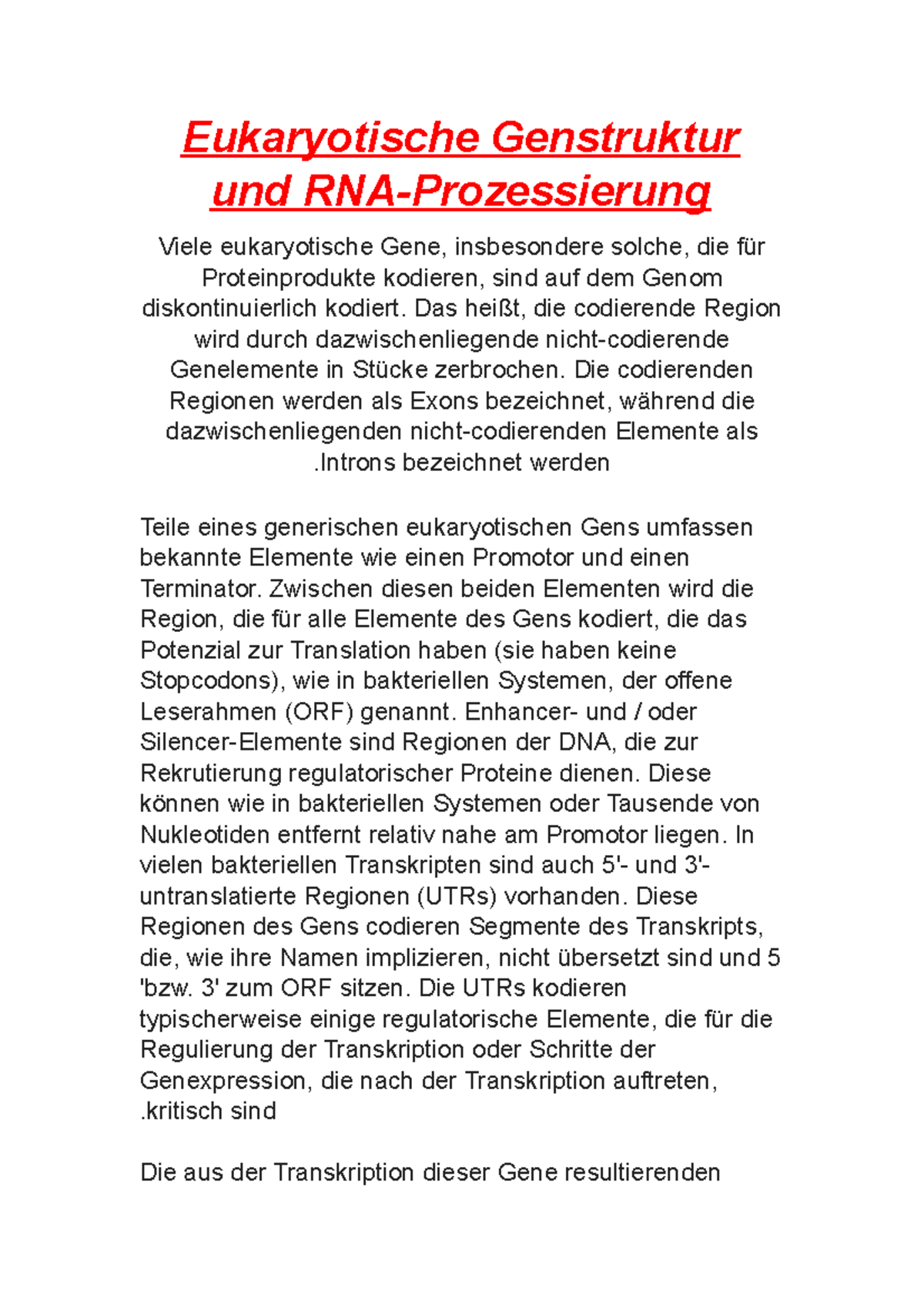 Eukaryotische Genstruktur und RNA-Prozessierung - Eukaryotische ...