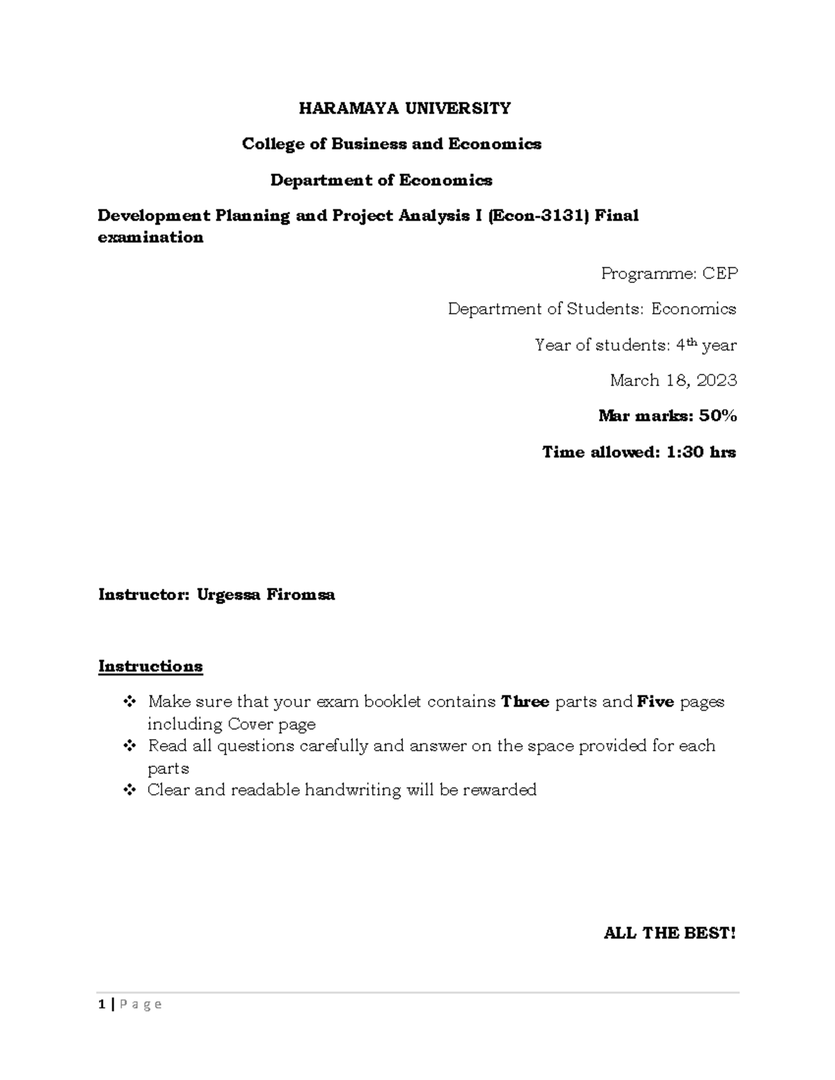 Developmet planning finalexam - HARAMAYA UNIVERSITY College of Business ...