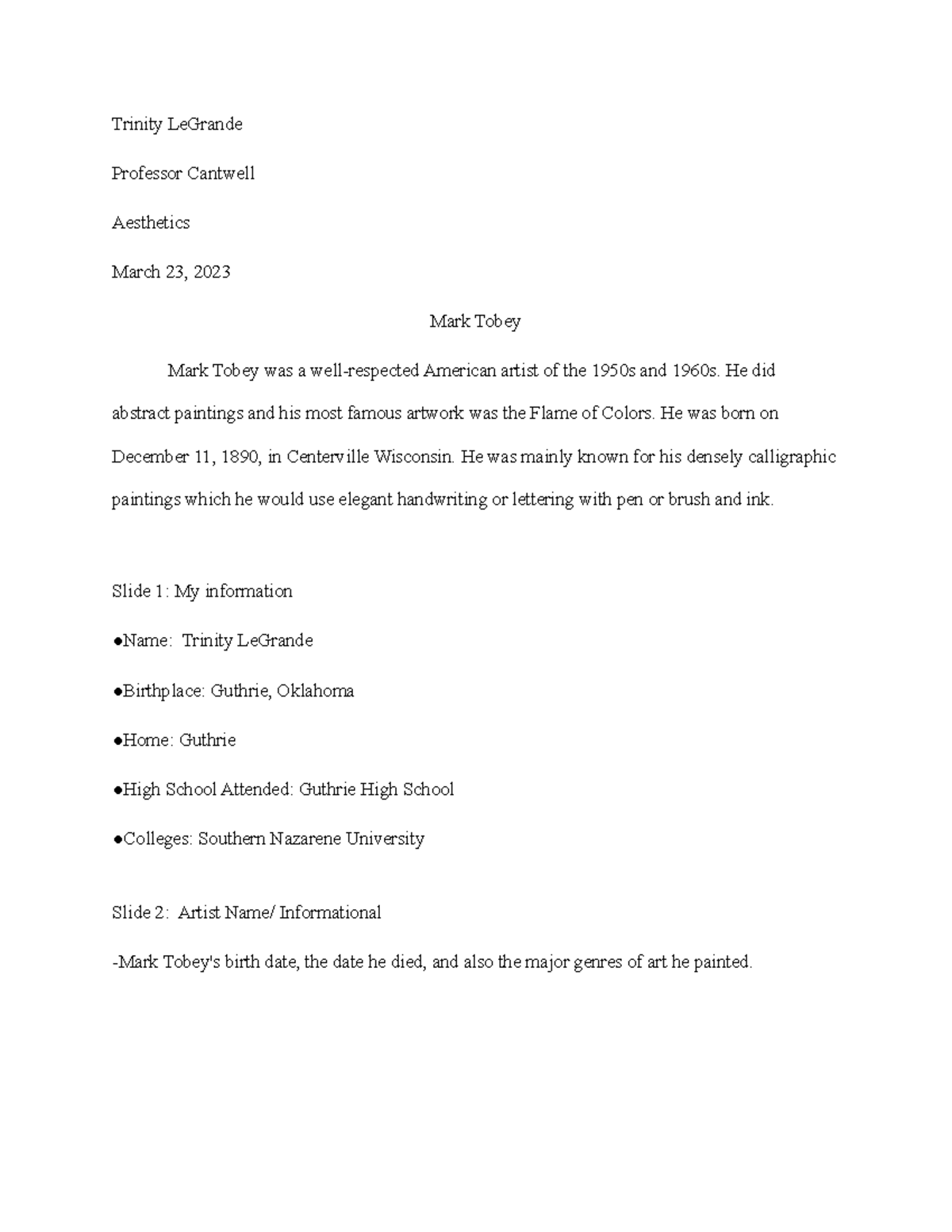 Contemporary Artist Research Outline - Trinity LeGrande Professor ...